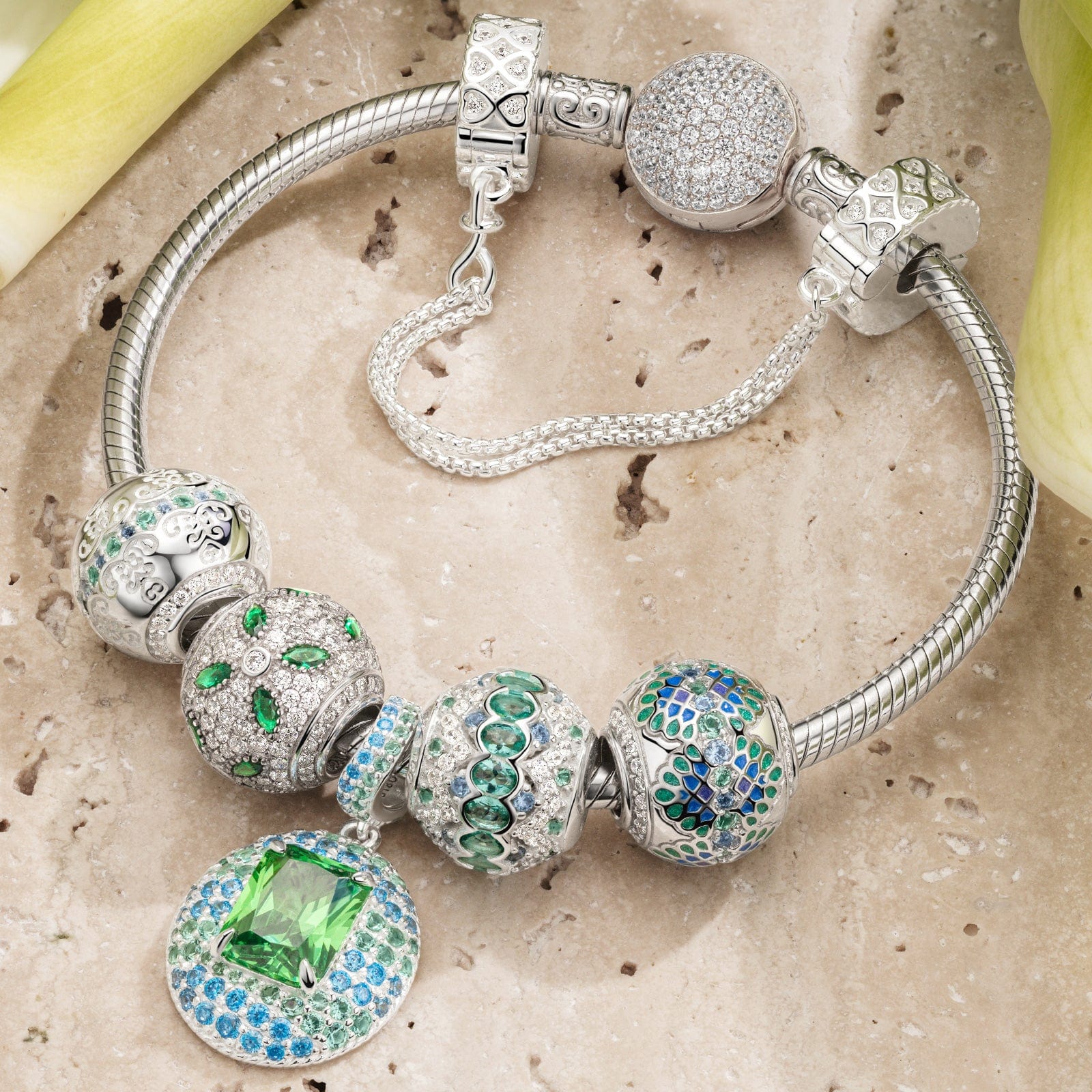 STERLING SILVER EMERALD GLOW CHARMS BRACELET SET IN WHITE GOLD PLATED – GONA