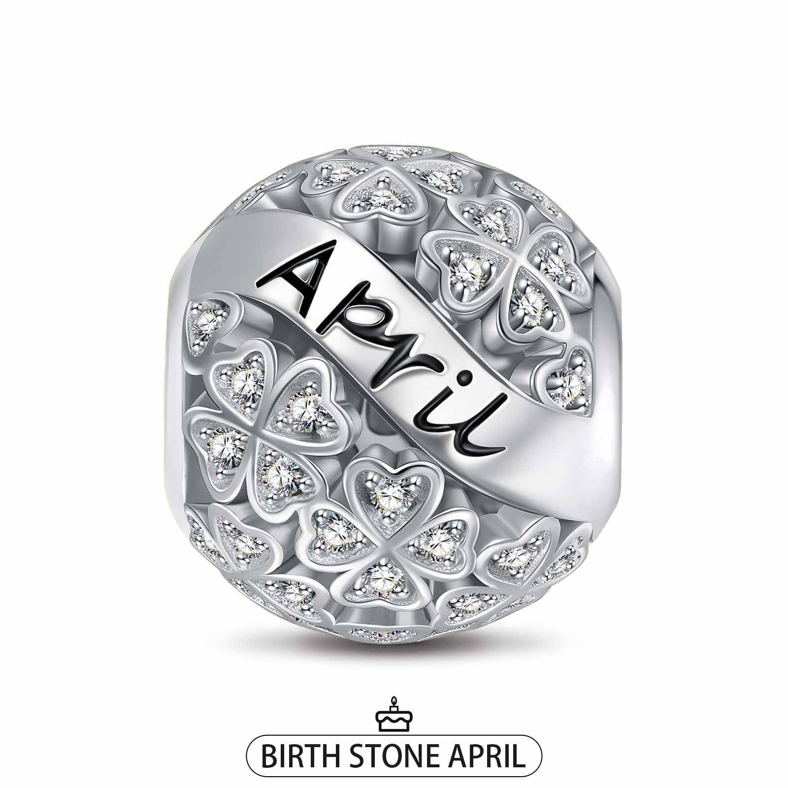 STERLING SILVER LUCKY CLOVER BIRTHSTONE APRIL CHARMS WITH ENAMEL IN WH ...