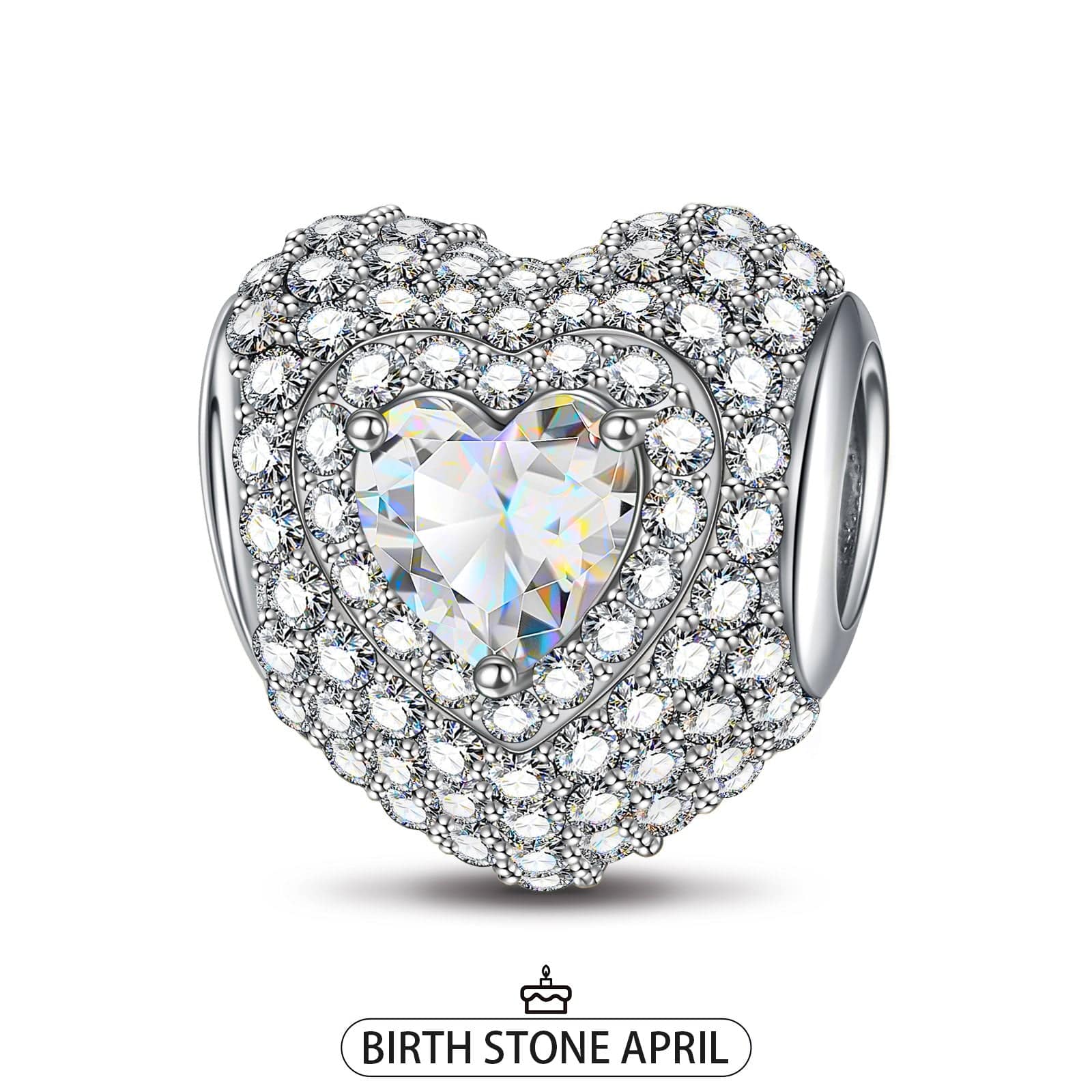 STERLING SILVER LOVE HEART BIRTHSTONE APRIL CHARMS WITH ENAMEL IN WHIT ...