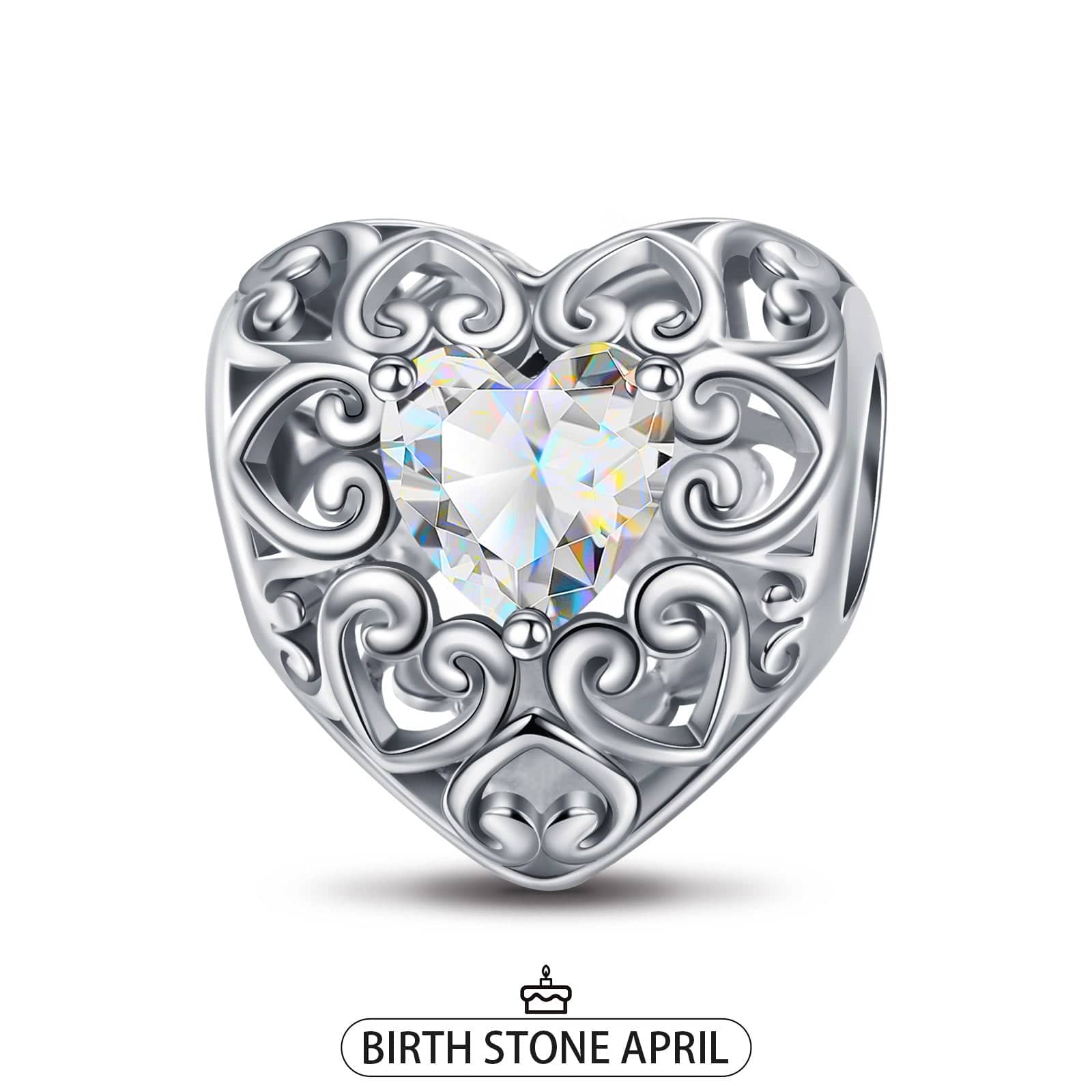 STERLING SILVER LOVE HEART BIRTHSTONE APRIL CHARMS IN WHITE GOLD PLATE ...