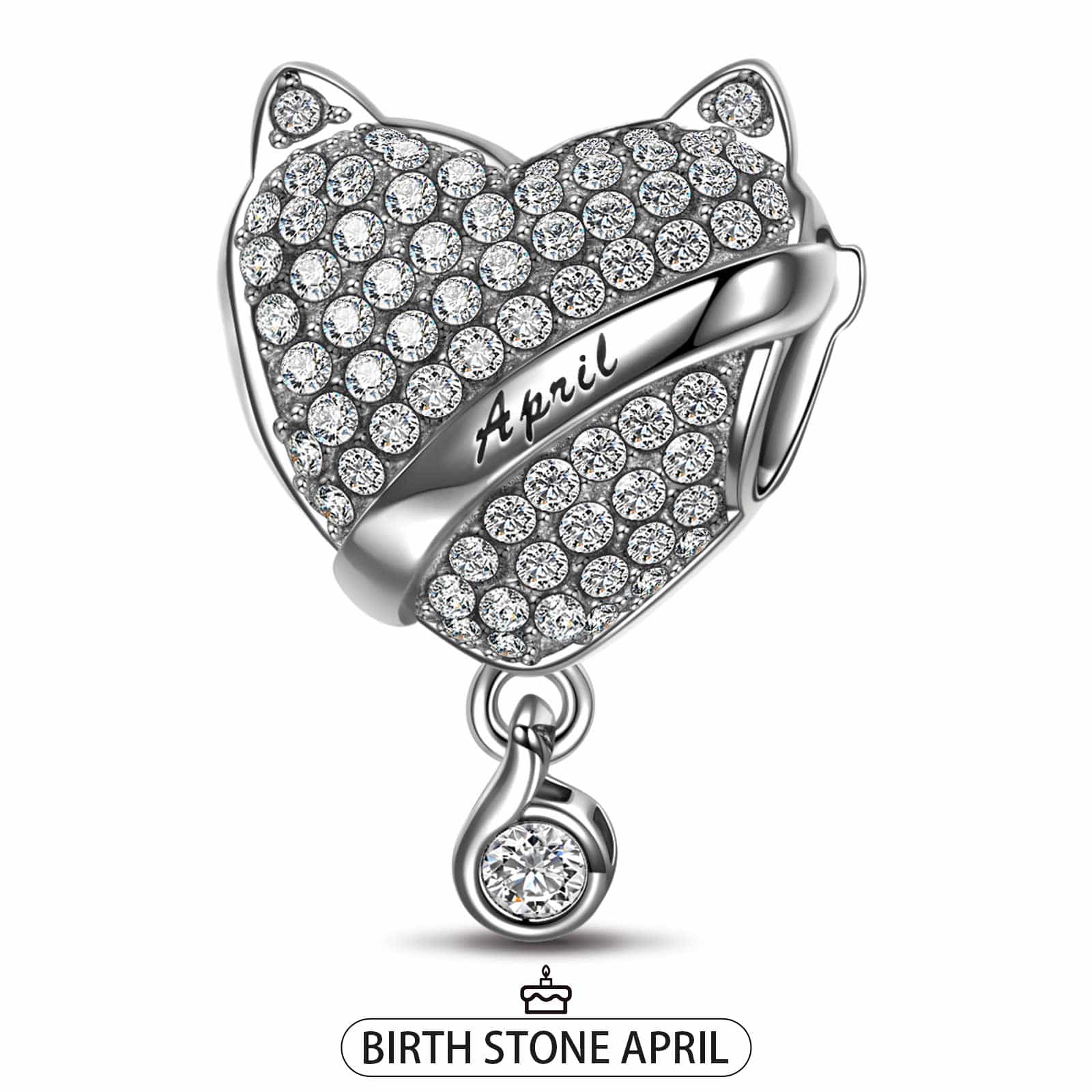 STERLING SILVER APRIL FOX BIRTHDAY STONE DANGLE CHARMS IN WHITE GOLD P ...