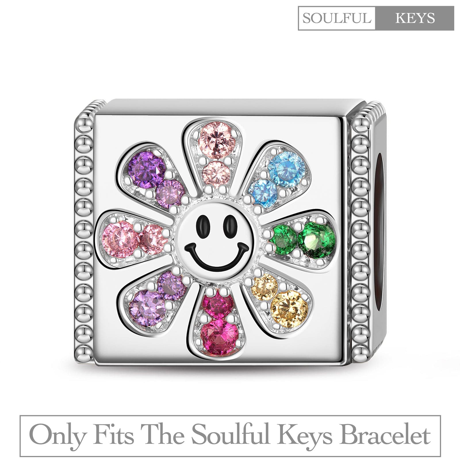 STERLING SILVER SMILING SUNFLOWER RECTANGULAR CHARMS IN WHITE GOLD PLA ...