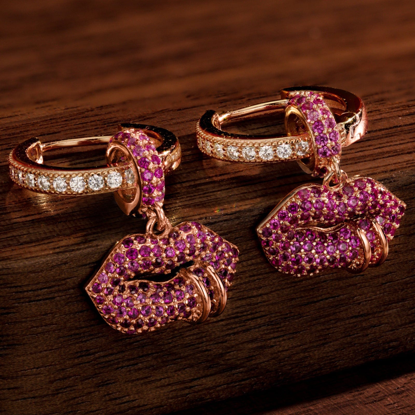 STERLING SILVER SOPHISTICATED RED LIPS CHARMS EARRINGS SET IN ROSE GOL ...