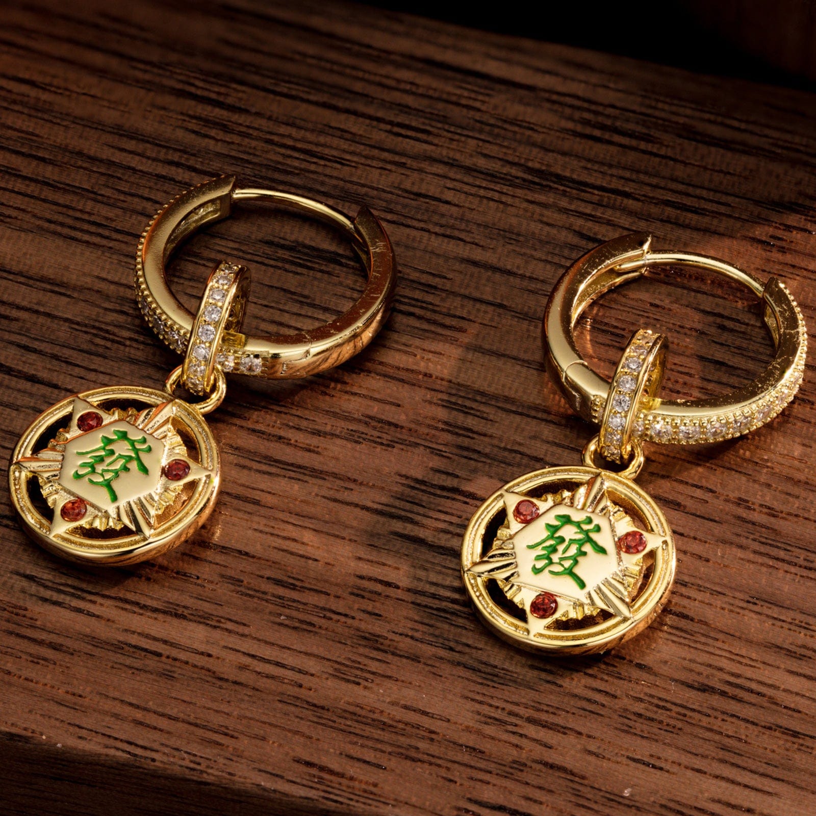 STERLING SILVER LUCKY MAHJONG CHARMS EARRINGS SET WITH ENAMEL IN 14K G ...