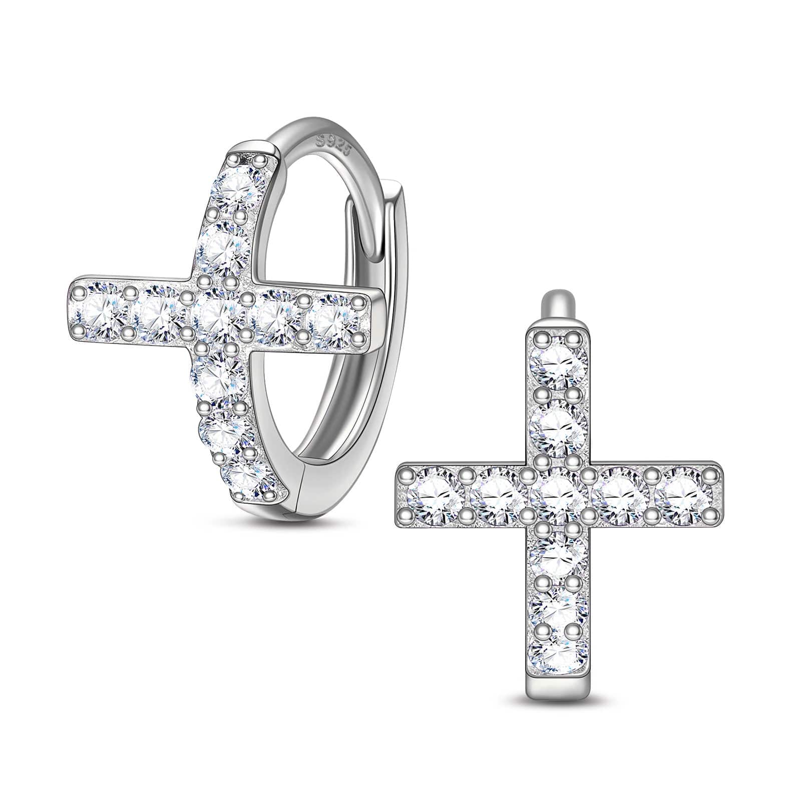STERLING SILVER CROSS HOOP EARRINGS IN WHITE GOLD PLATED – GONA