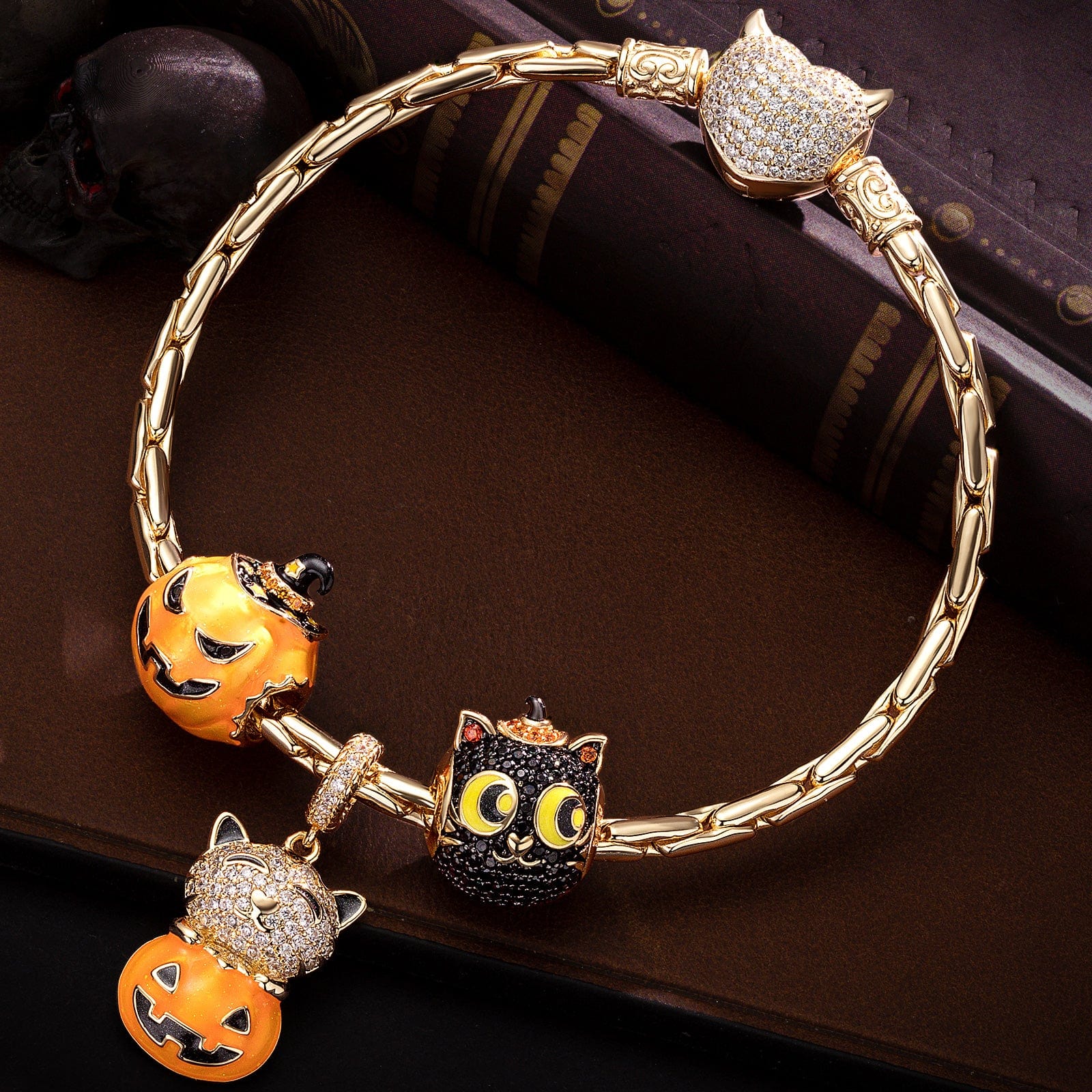 STERLING SILVER PUMPKIN ELF CHARMS BRACELET SET WITH ENAMEL IN 14K GOL ...