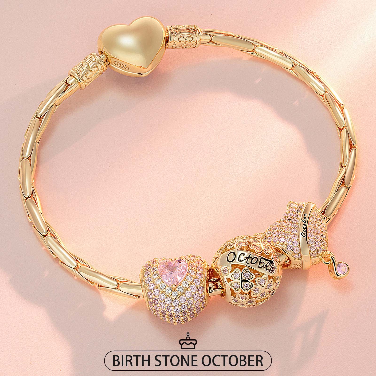 STERLING SILVER OCTOBER BIRTHDAY STONE CHARMS BRACELET SET IN 14K GOLD ...