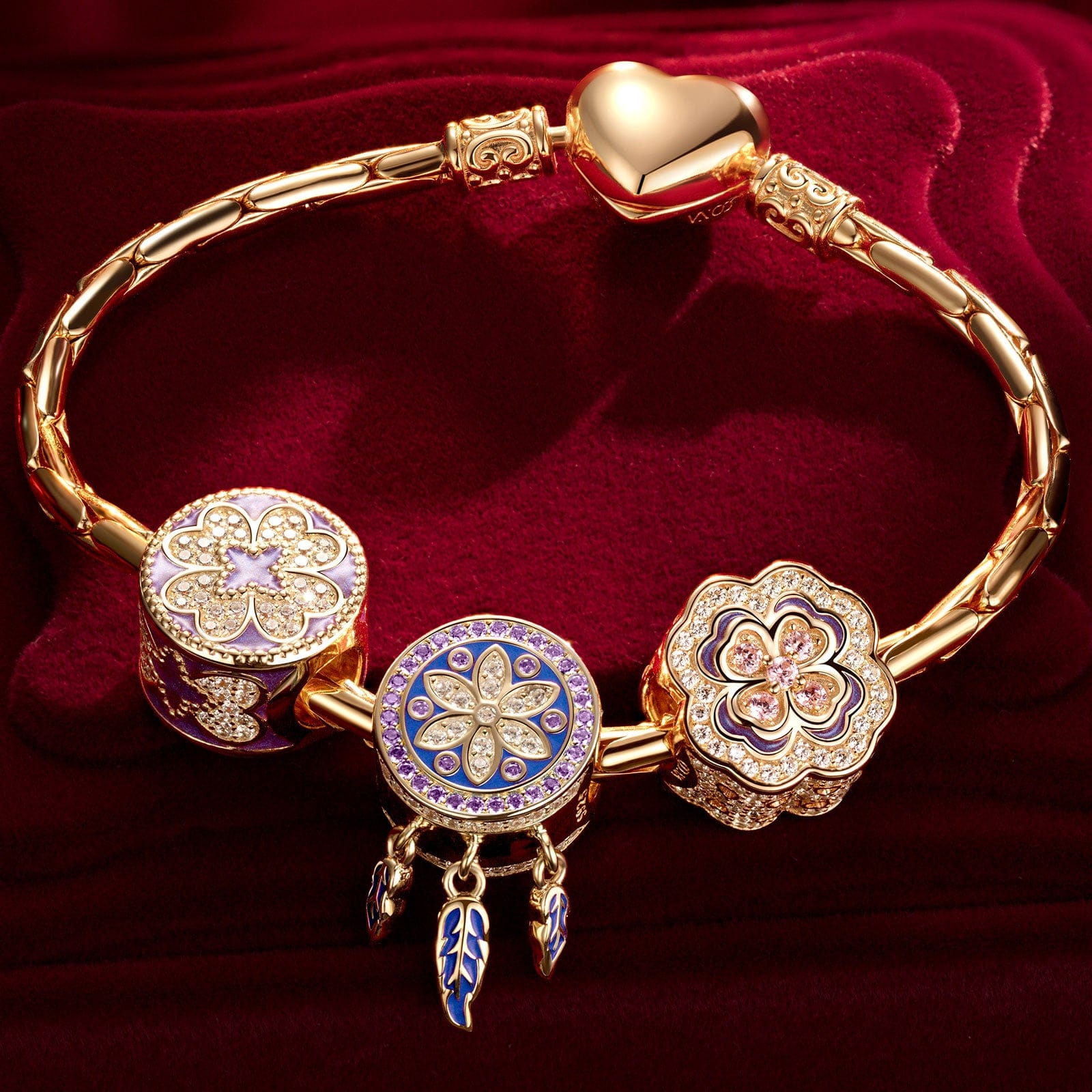 STERLING SILVER AMETHYST DREAMS CHARMS BRACELET SET WITH ENAMEL IN 14K ...