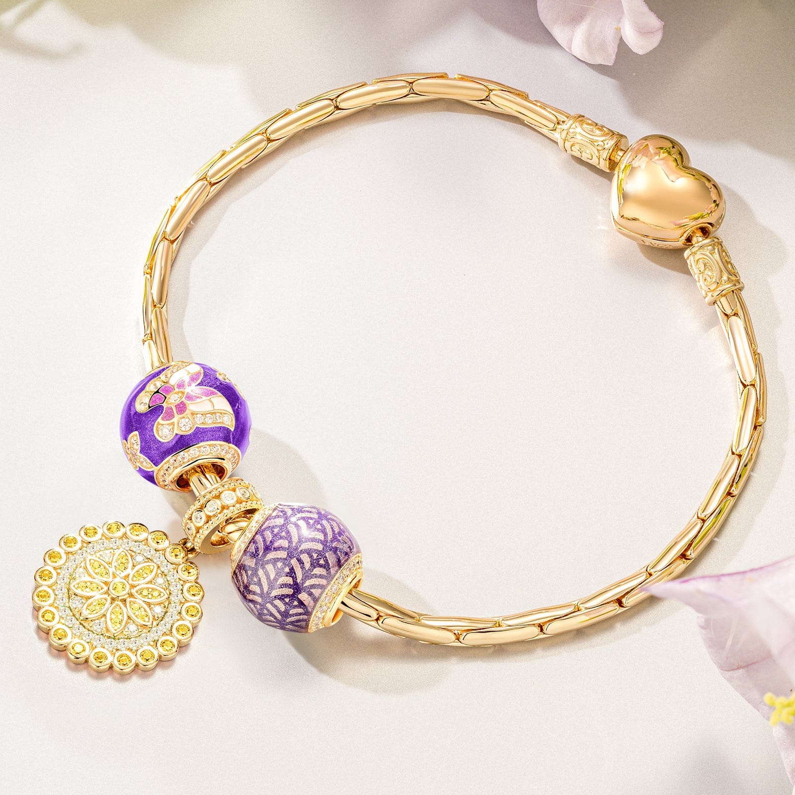 STERLING SILVER PURPLE STORY CHARMS BRACELET SET WITH ENAMEL IN 14K GO ...