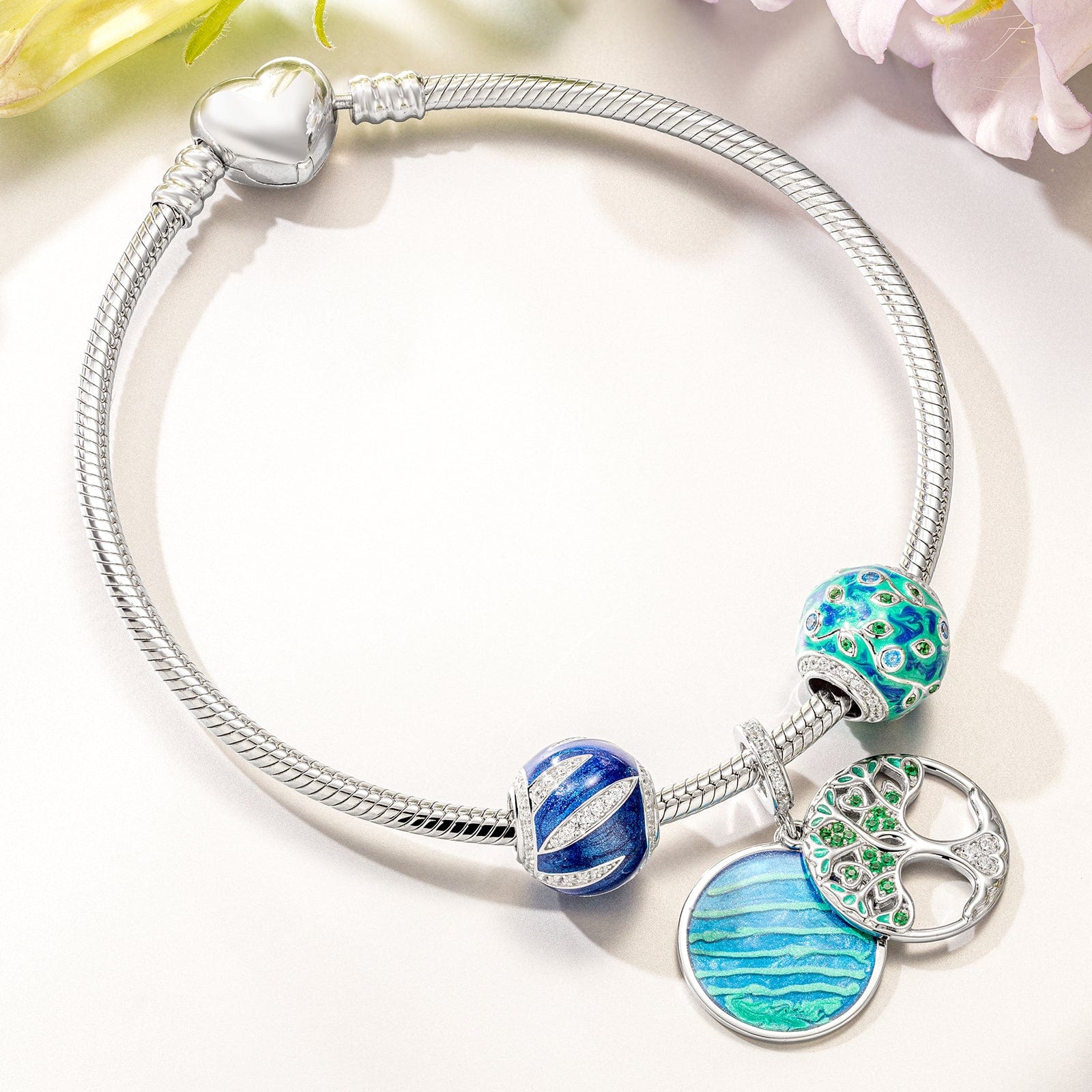 STERLING SILVER PEACH BLOSSOM SPRING CHARMS BRACELET SET WITH ENAMEL I ...