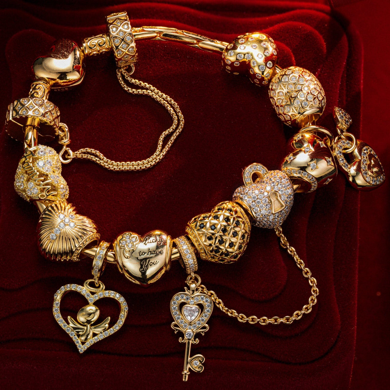 STERLING SILVER GOLDEN HEART CHARMS BRACELET SET IN 14K GOLD PLATED (I ...