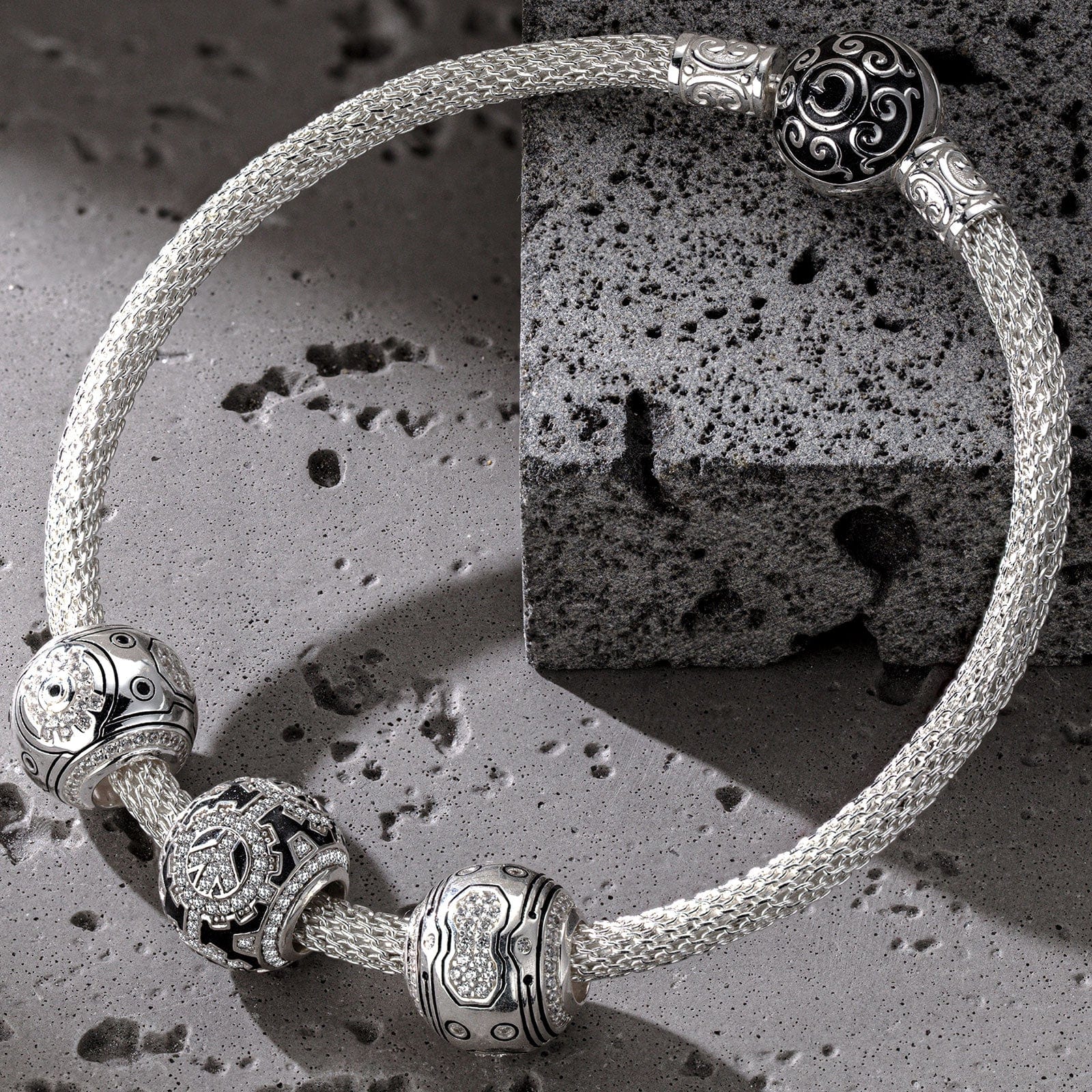 STERLING SILVER CYBERNETIC MECH XL SIZE CHARMS BRACELET SET WITH ENAME ...