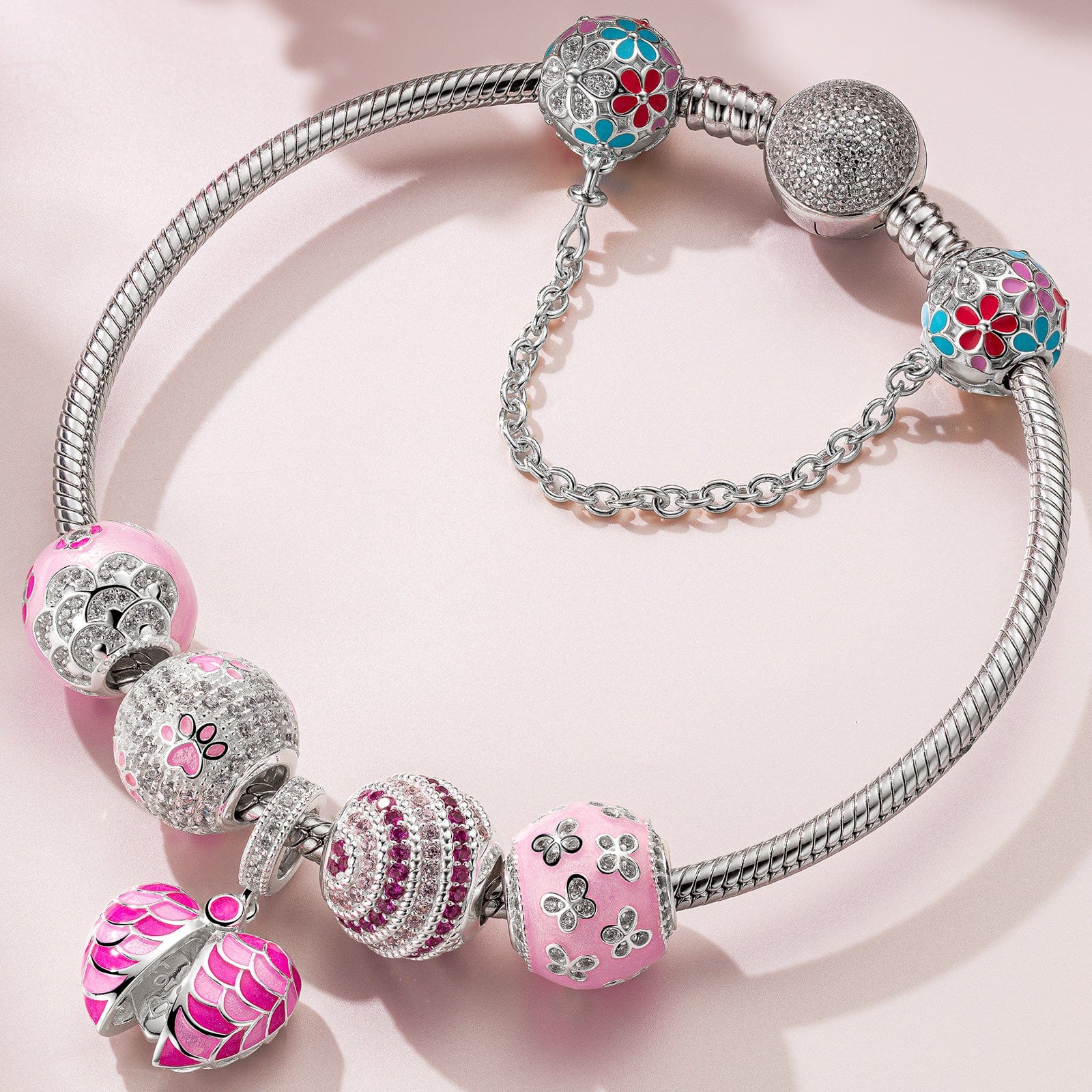 STERLING SILVER PINK MOOD CHARMS BRACELET SET WITH ENAMEL IN WHITE GOL ...