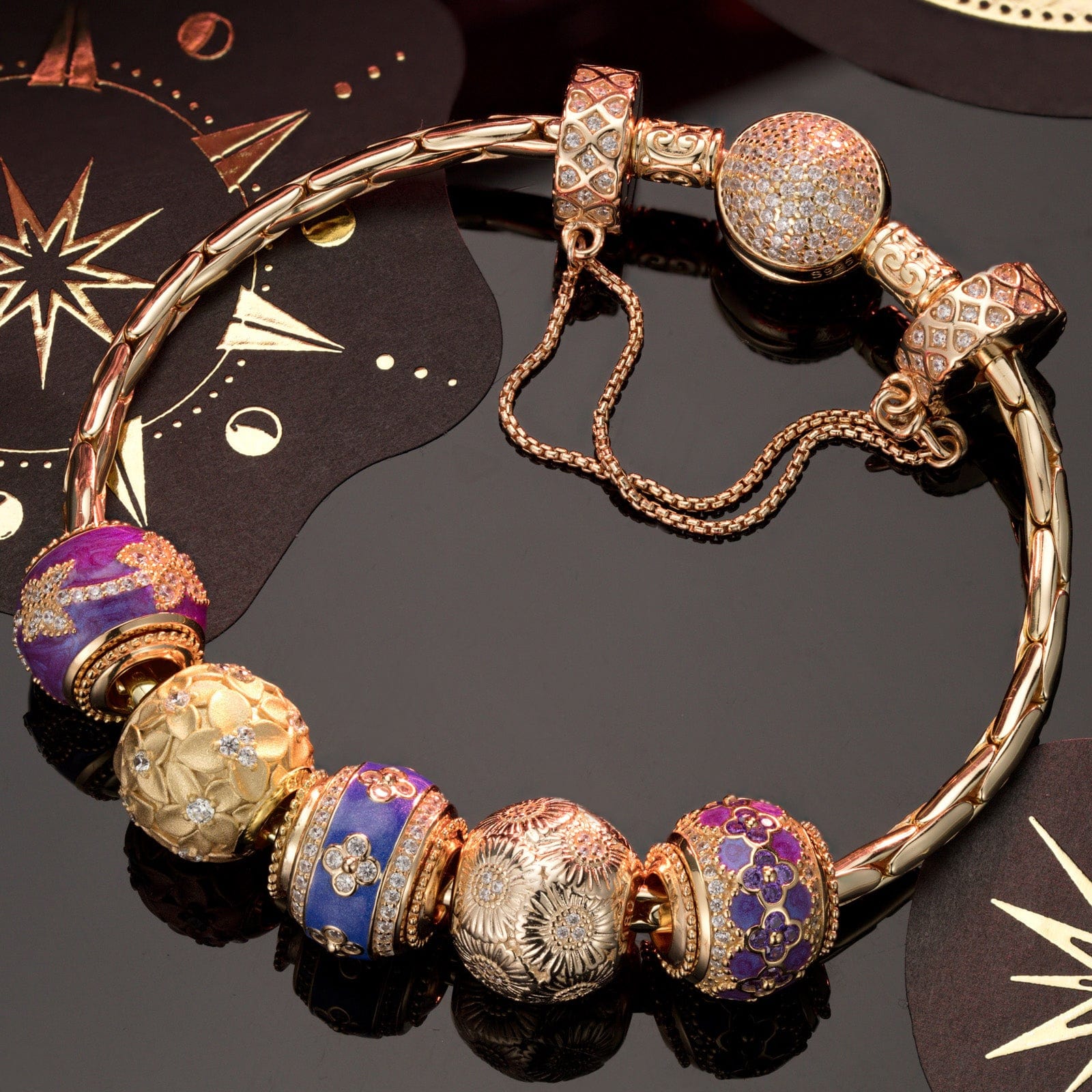 STERLING SILVER ENCHANTING FLORAL PARADISE CHARMS BRACELET SET WITH EN ...