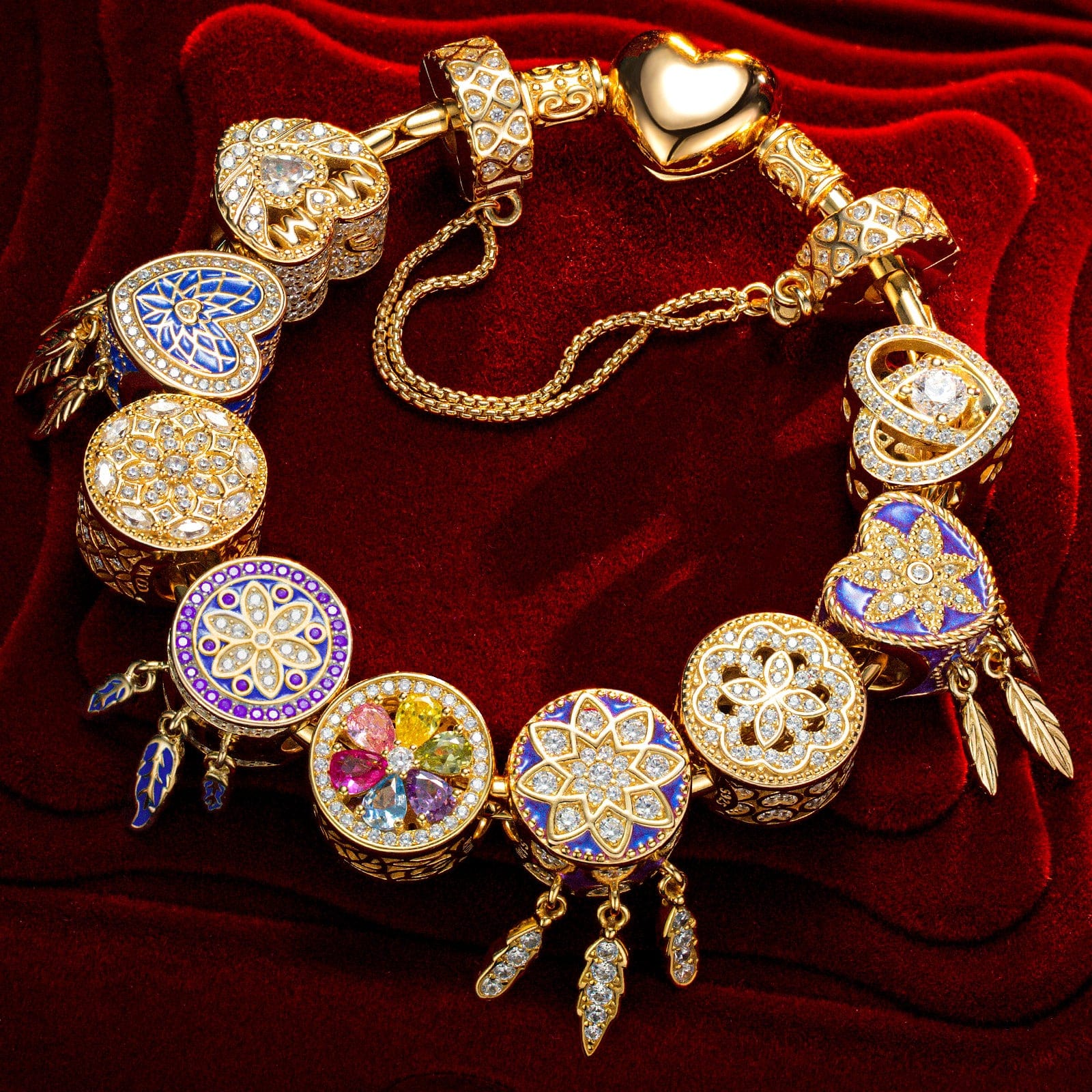 STERLING SILVER LAVISH ROMANCE CHARMS BRACELET SET WITH ENAMEL IN 14K ...