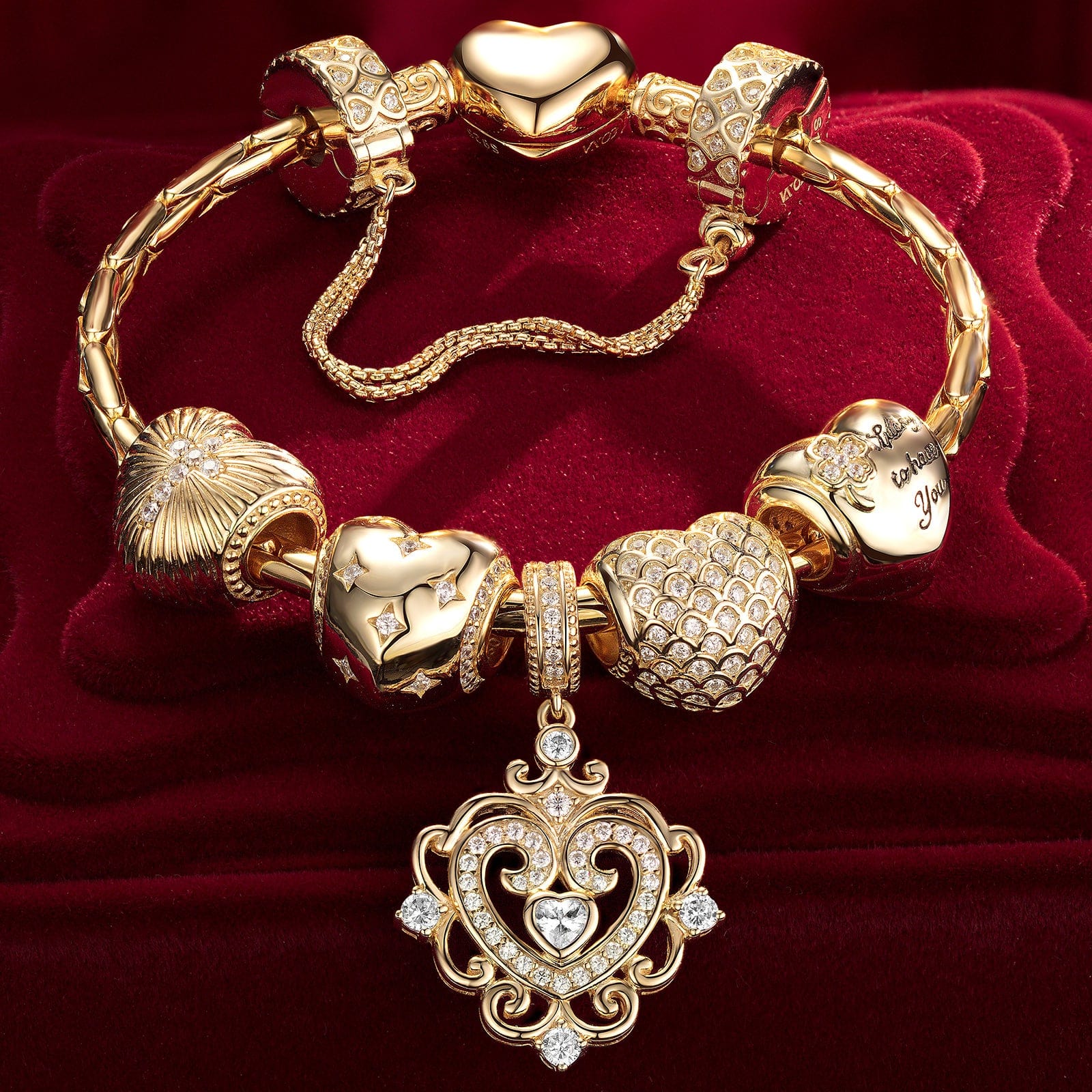 STERLING SILVER LUCKY TO HAVE YOU CHARMS BRACELET SET IN 14K GOLD PLAT ...