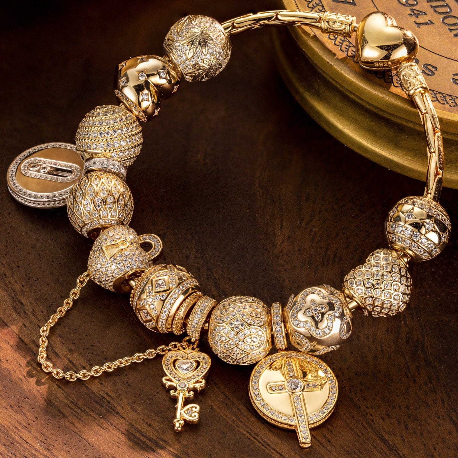 STERLING SILVER VIBRANT STREETS CHARMS BRACELET SET IN 14K GOLD PLATED ...