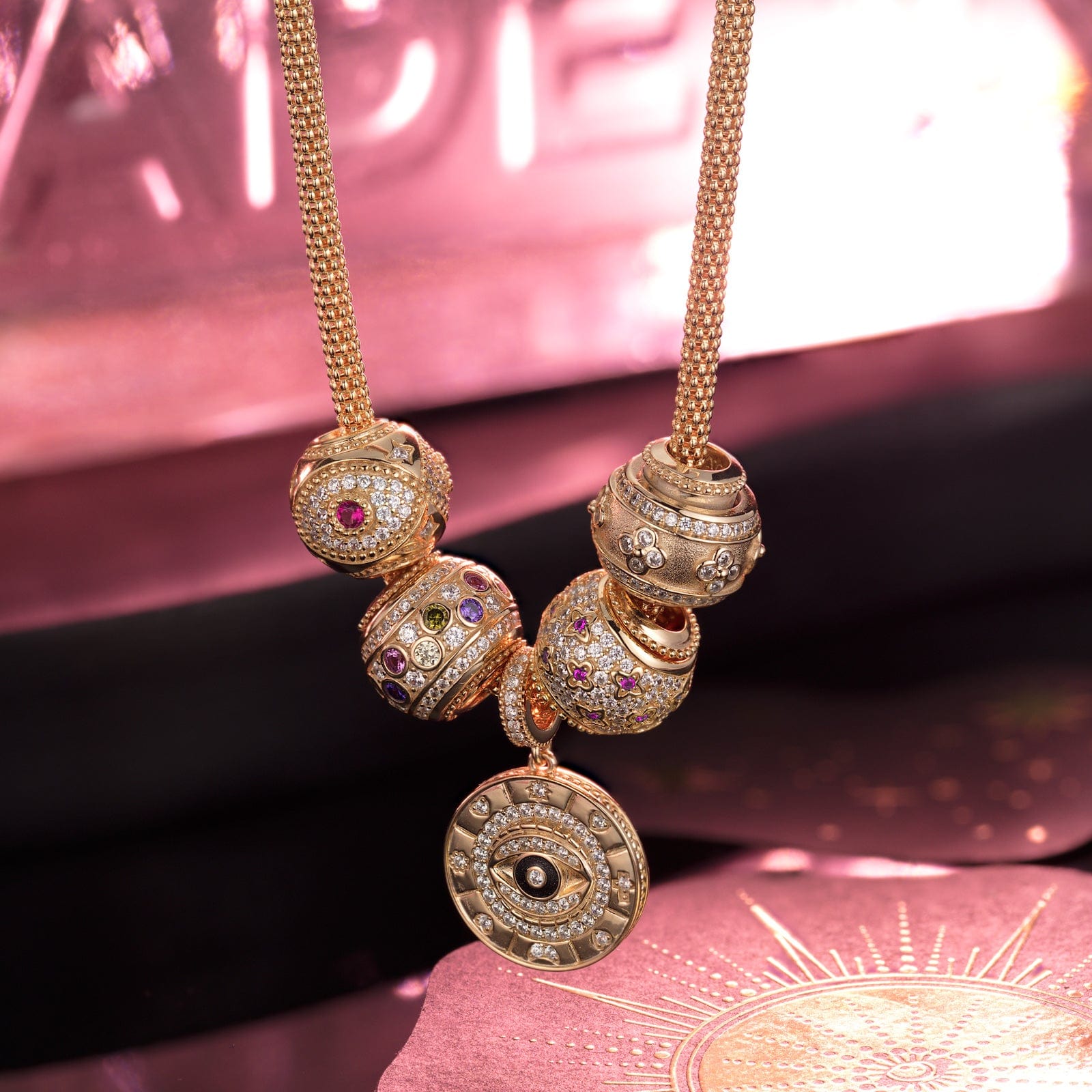STERLING SILVER LUCK AND PROTECTION CHARMS NECKLACE SET IN 14K GOLD PL ...