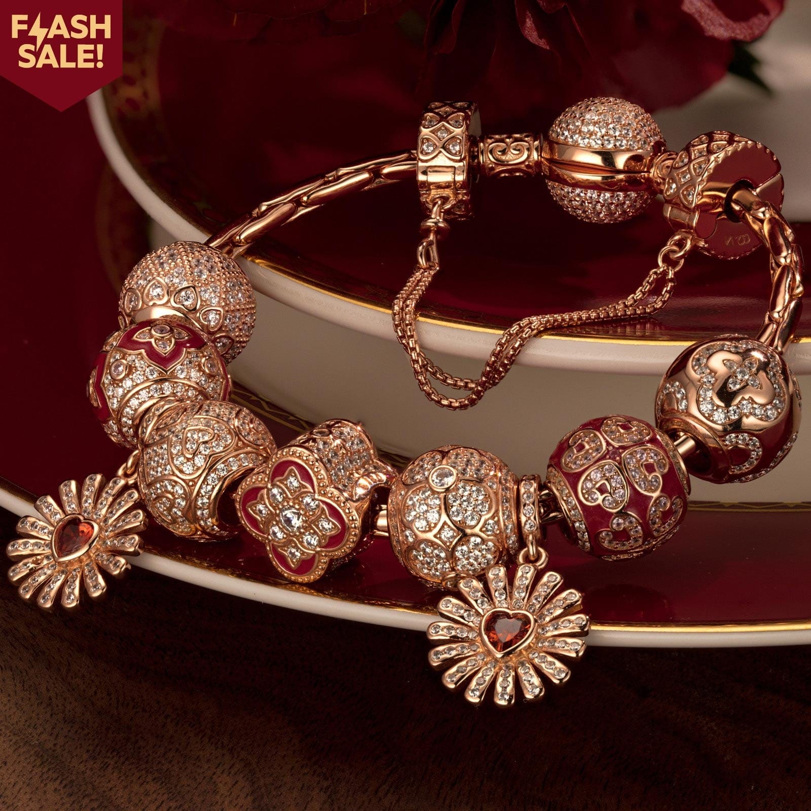 STERLING SILVER FLORAL ELEGANCE CHARMS BRACELET SET WITH ENAMEL IN ROS ...