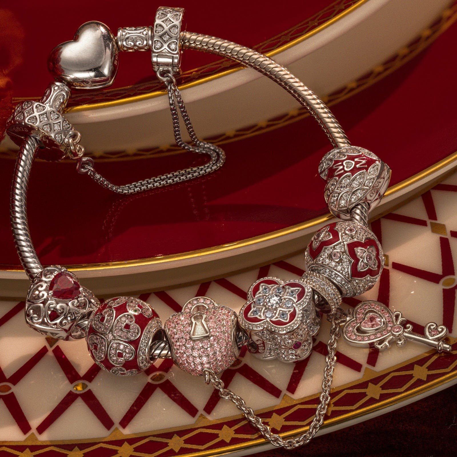 STERLING SILVER LOVE AND LIGHT CHARMS BRACELET SET WITH ENAMEL IN WHIT ...