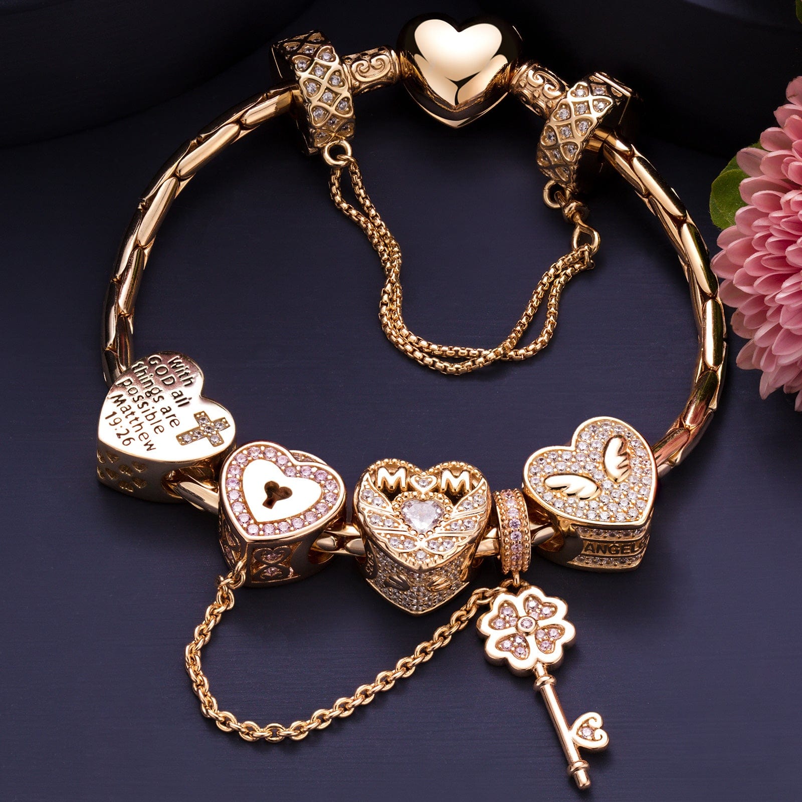 STERLING SILVER LOVE TO MOM CHARMS BRACELET SET WITH ENAMEL IN 14K GOL ...