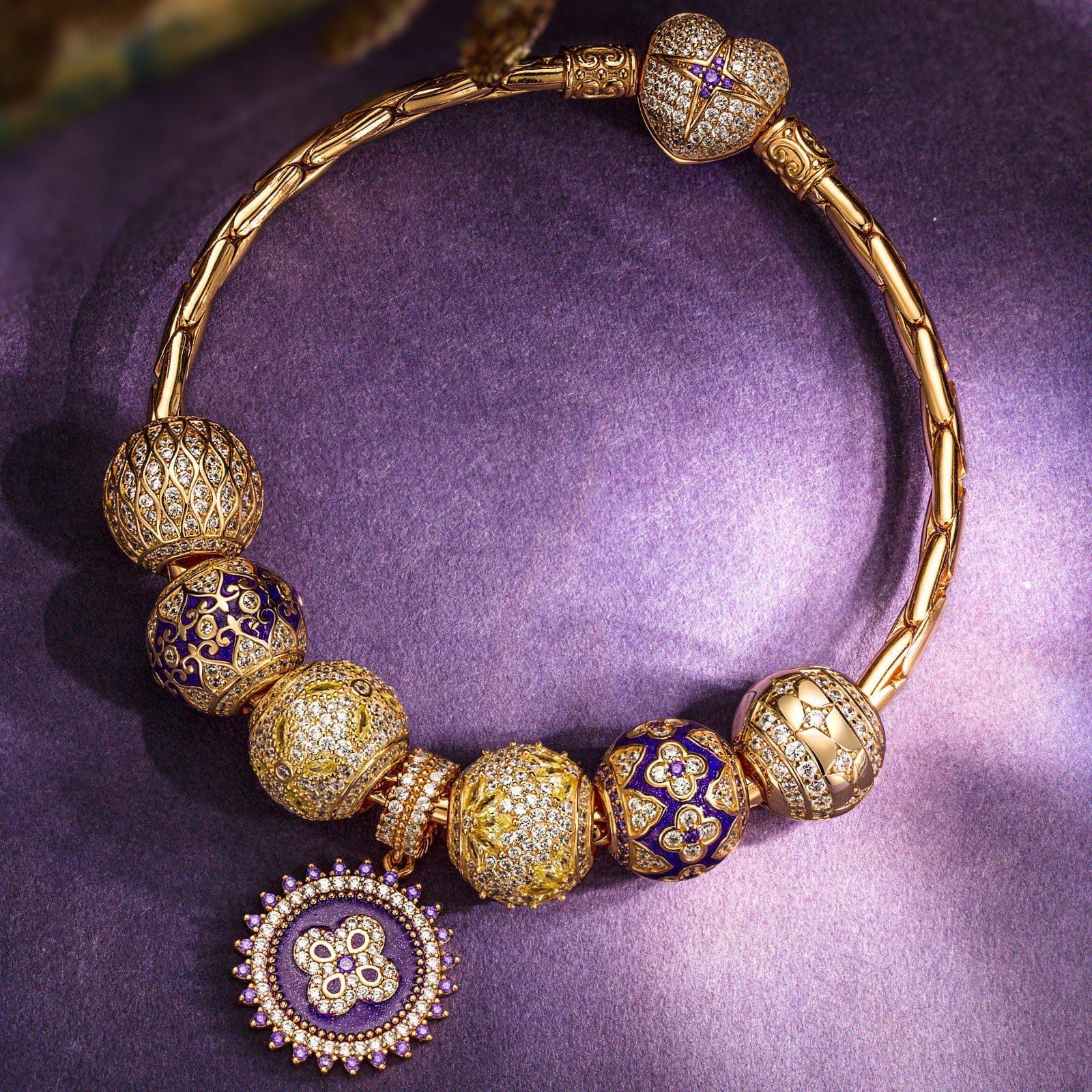 STERLING SILVER ROYAL PURPLE CHARMS BRACELET SET WITH ENAMEL IN 14K GO ...