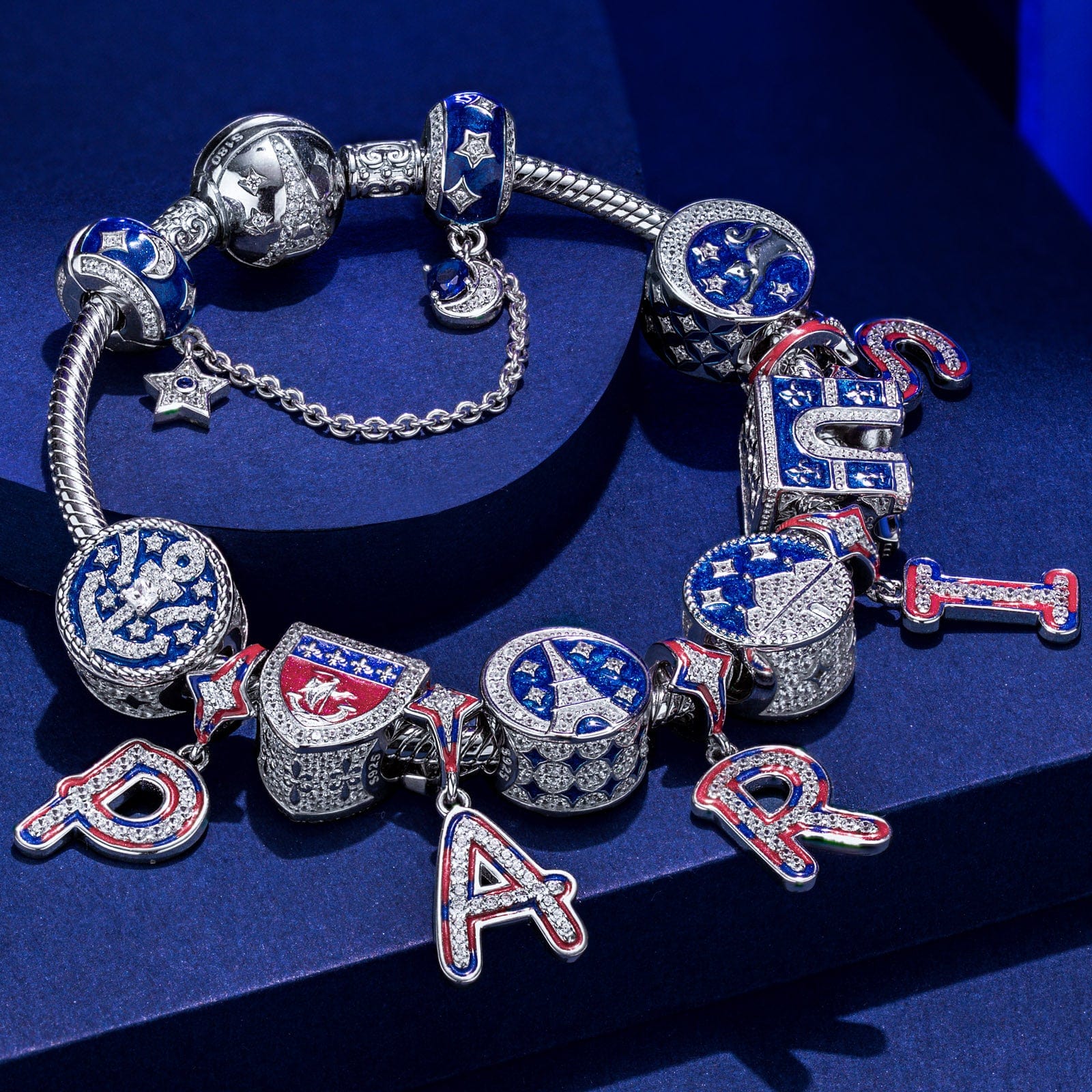 STERLING SILVER CITY LIGHT CHARMS BRACELET SET WITH ENAMEL IN WHITE GO ...