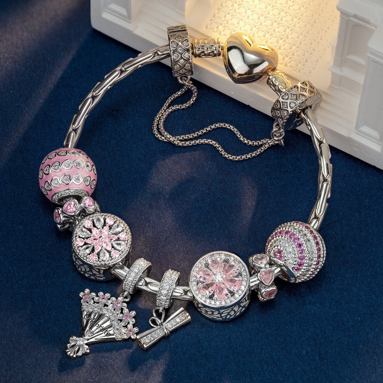 STERLING SILVER ACHIEVEMENT BLOSSOMS CHARMS BRACELET SET WITH ENAMEL I ...