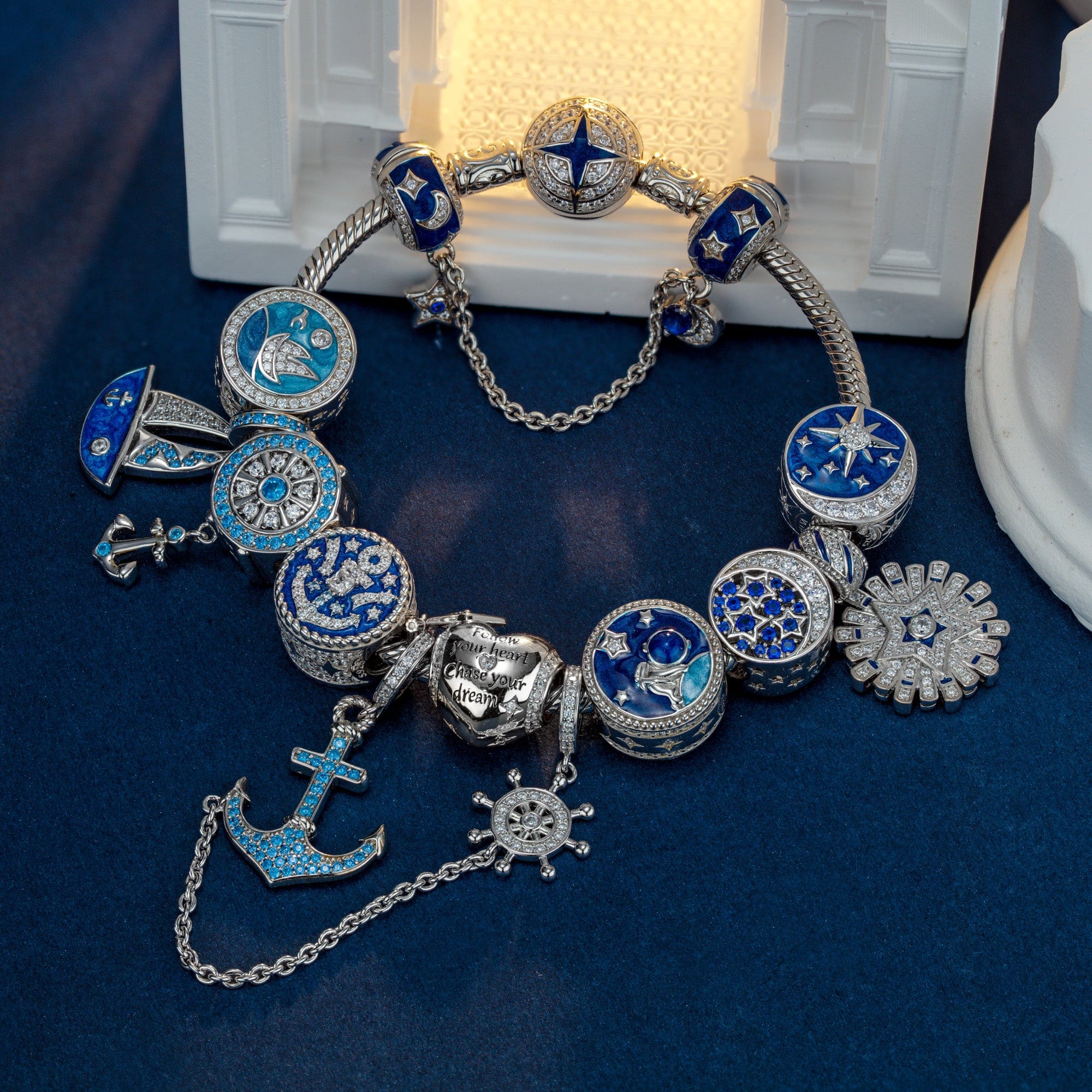 STERLING SILVER DREAMS SET SAIL CHARMS BRACELET SET WITH ENAMEL IN WHI ...