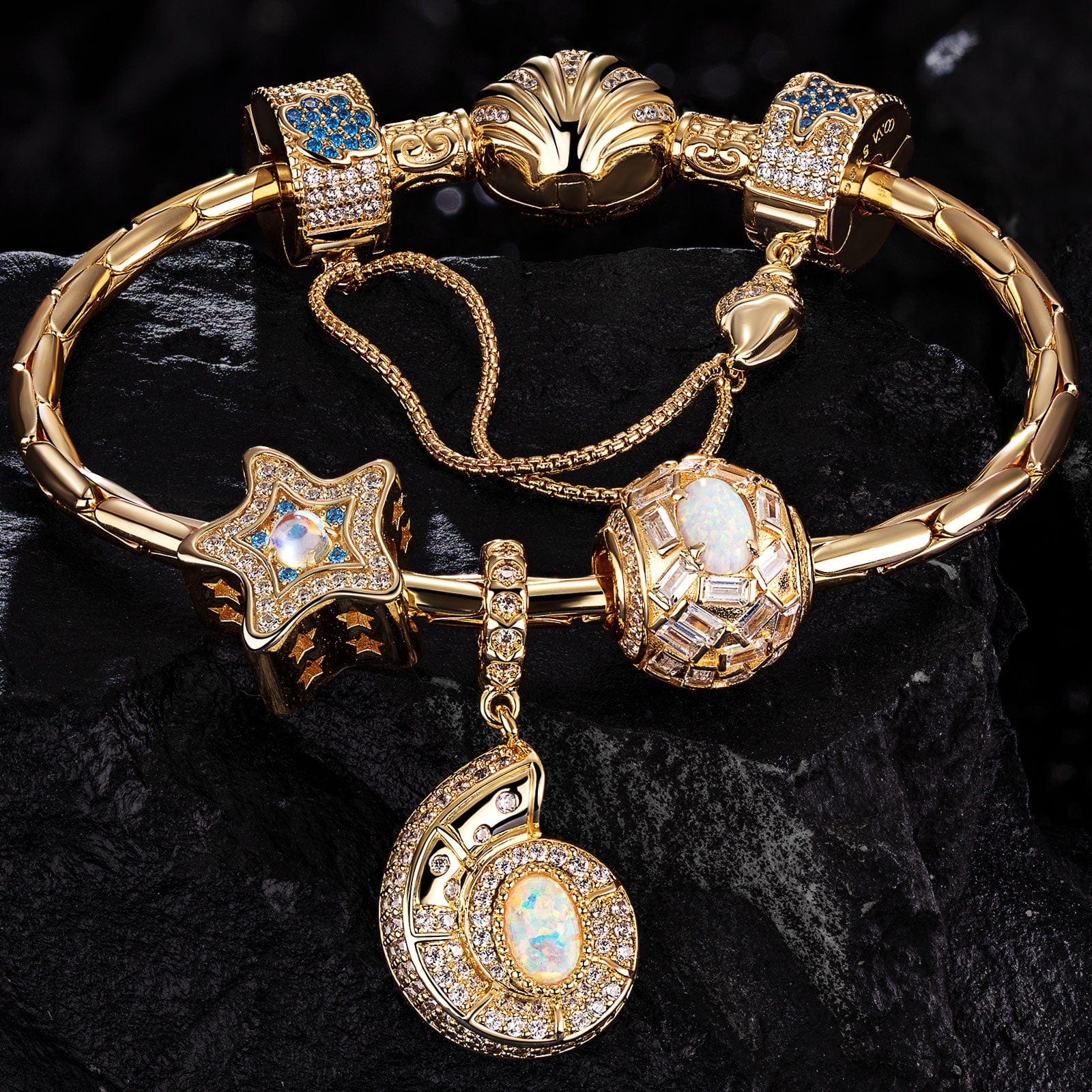 STERLING SILVER STARLIT TREASURES MOONSTONE CHARMS BRACELET SET IN 14K ...