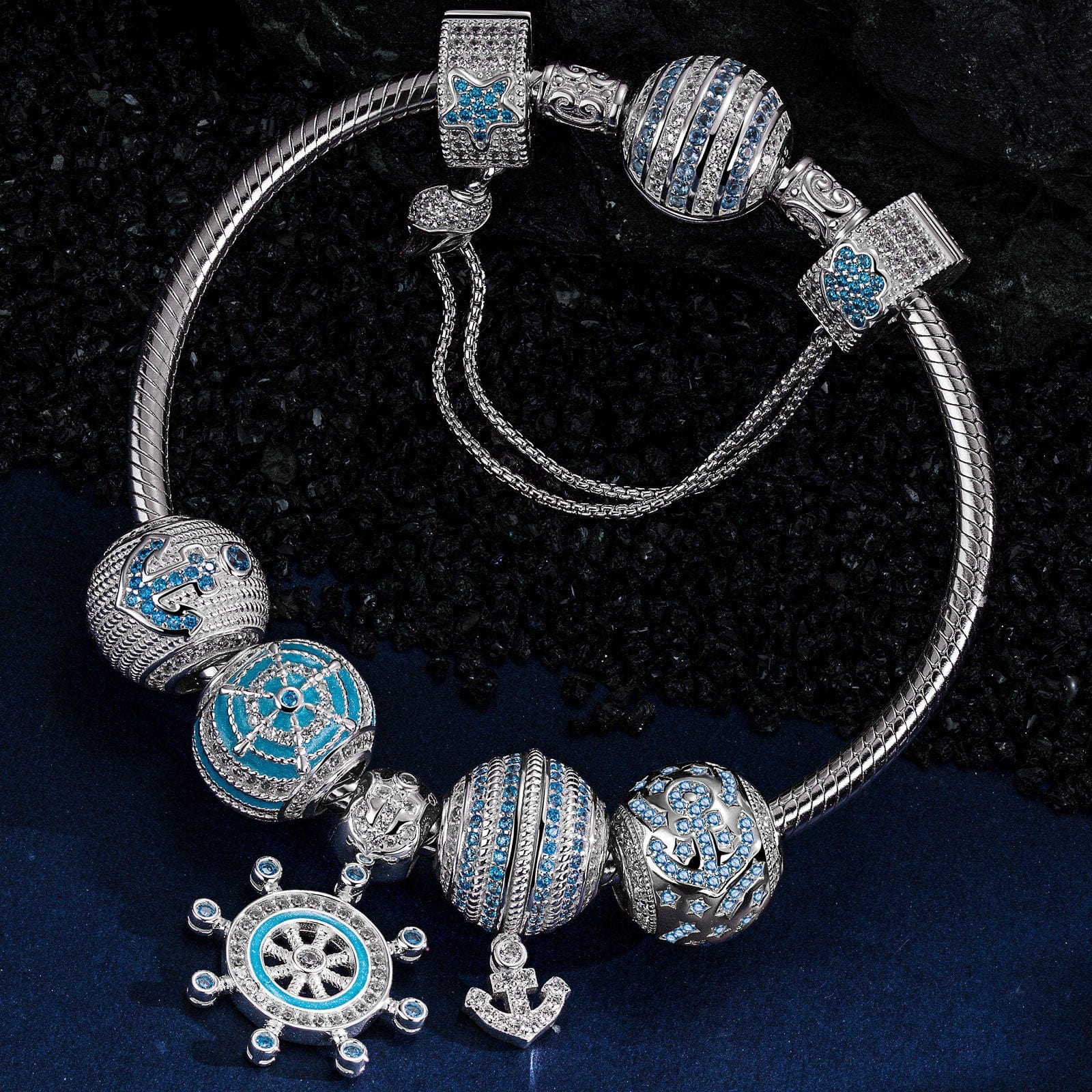 STERLING SILVER ANCHOR OF WISDOM CHARMS BRACELET SET WITH ENAMEL IN WH ...