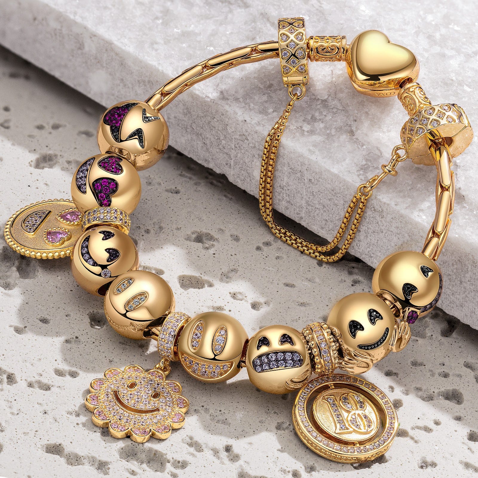 STERLING SILVER BRIGHT SMILES CHARMS BRACELET SET IN 14K GOLD PLATED ...