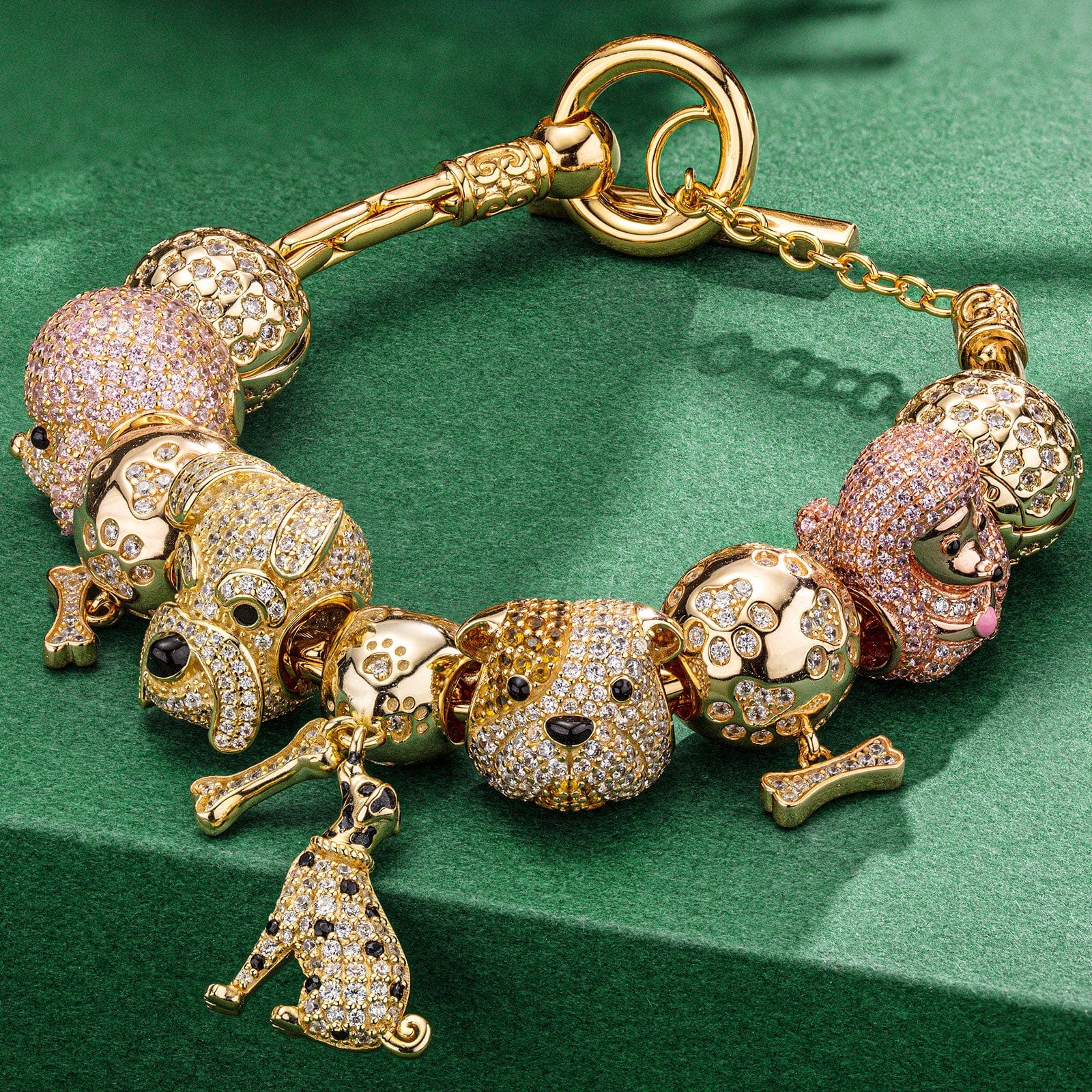 STERLING SILVER PAWSOME PALS CHARMS BRACELET SET IN 14K GOLD PLATED (I ...