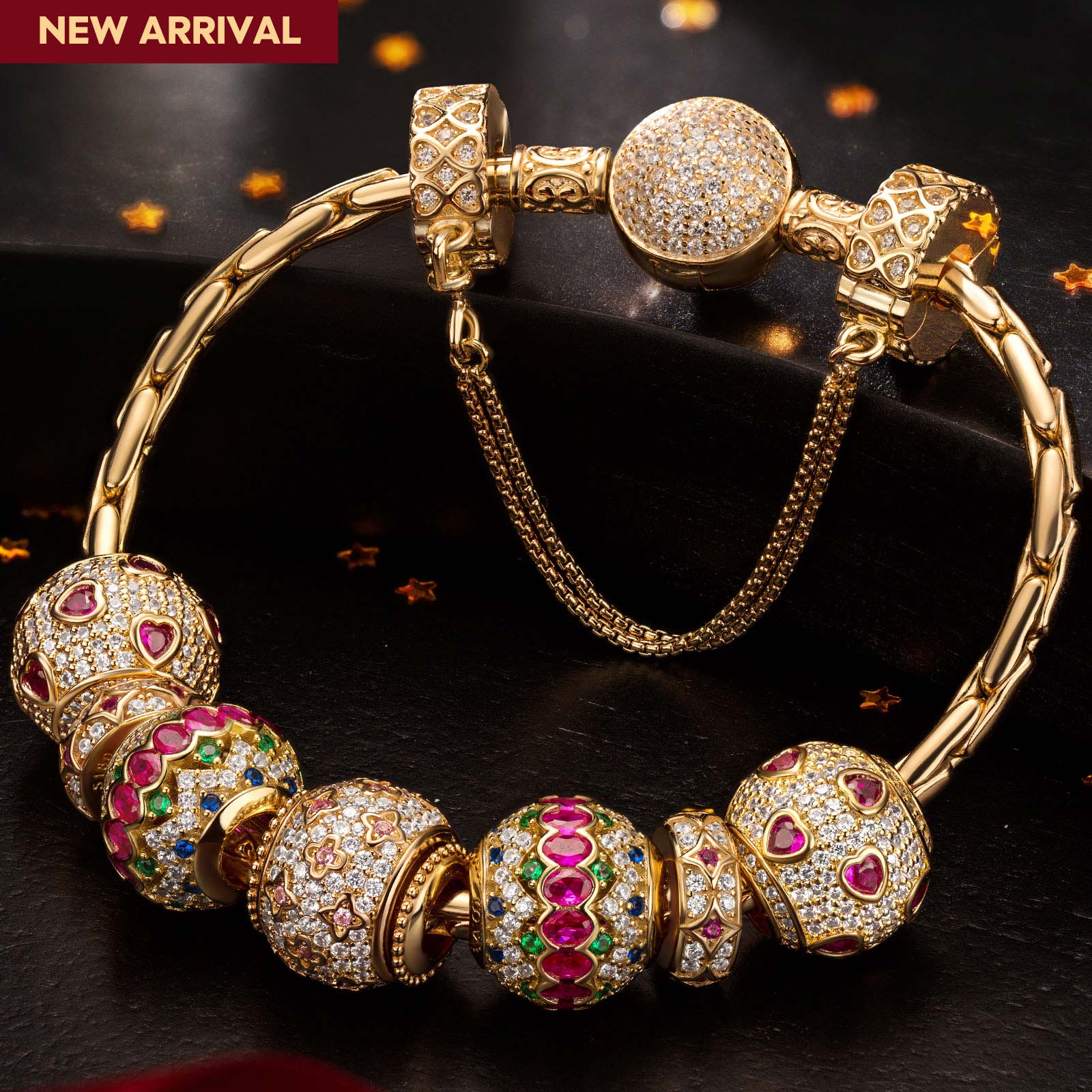 STERLING SILVER ENCHANTED DANCE CHARMS BRACELET SET IN 14K GOLD PLATED ...