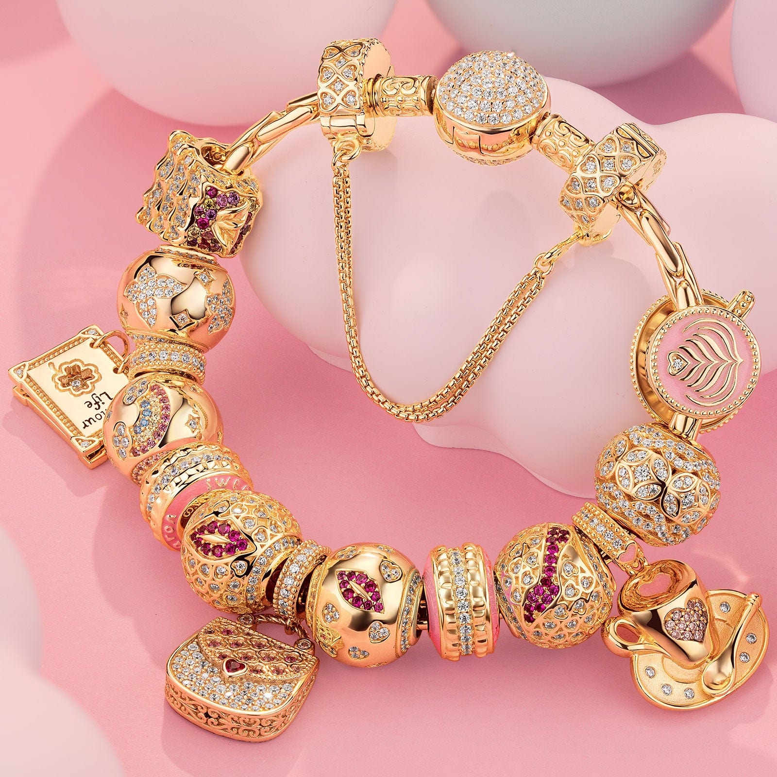 STERLING SILVER ELEGANT BLISS CHARMS BRACELET SET WITH ENAMEL IN 14K G ...