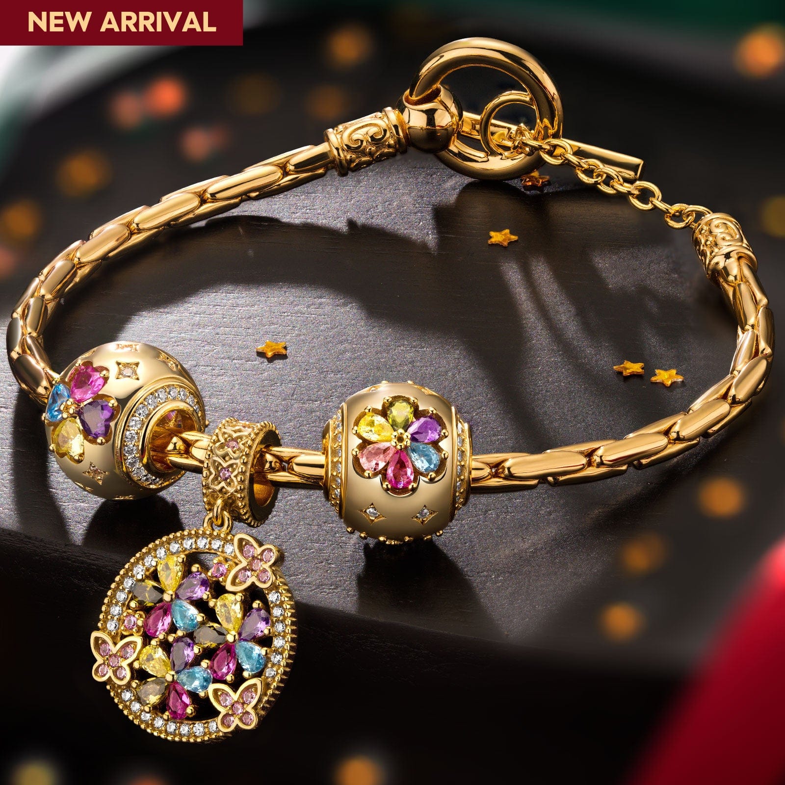 STERLING SILVER FLORAL FANTASY CHARMS BRACELET SET IN 14K GOLD PLATED ...