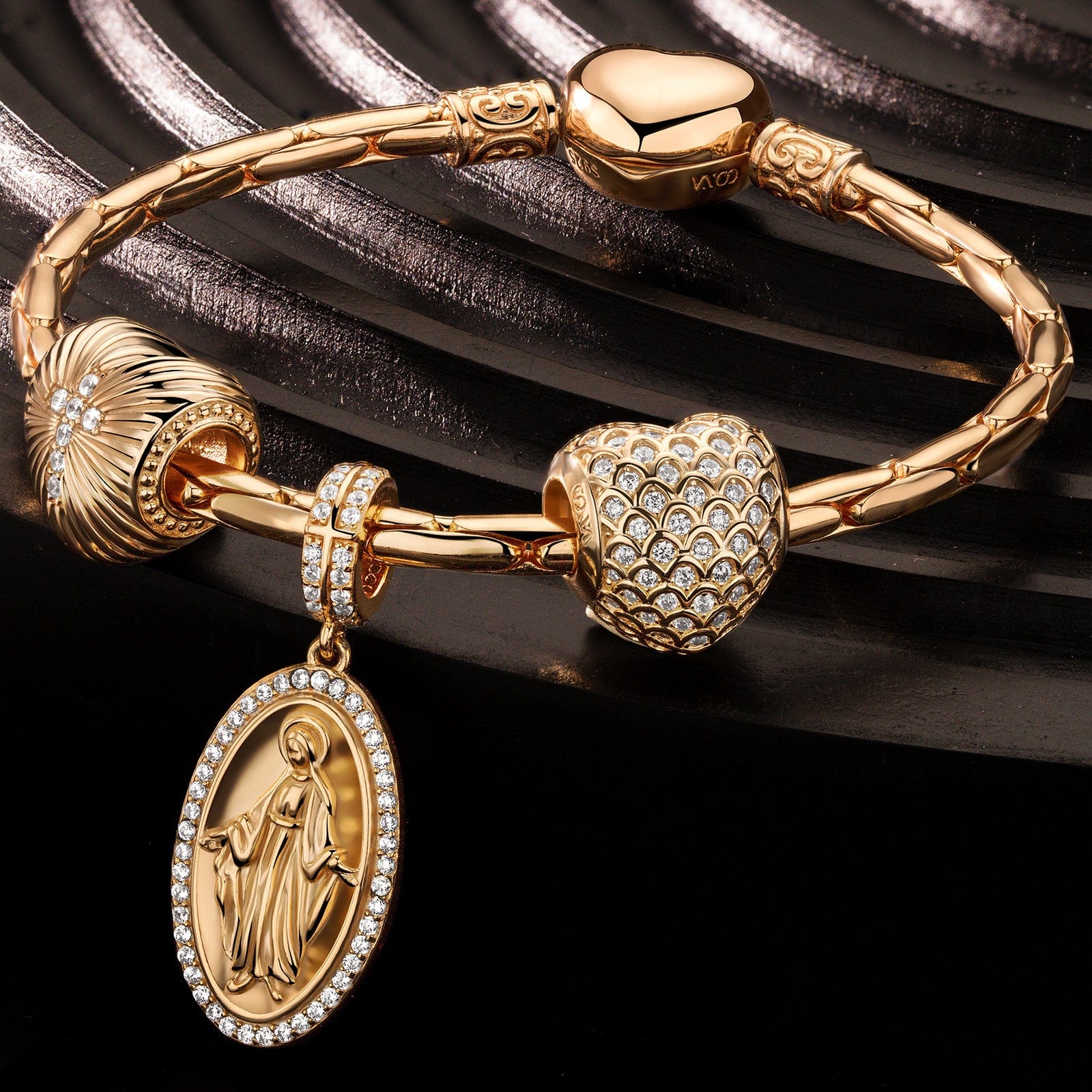 STERLING SILVER BLESSED HARMONY CHARMS BRACELET SET IN 14K GOLD PLATED ...