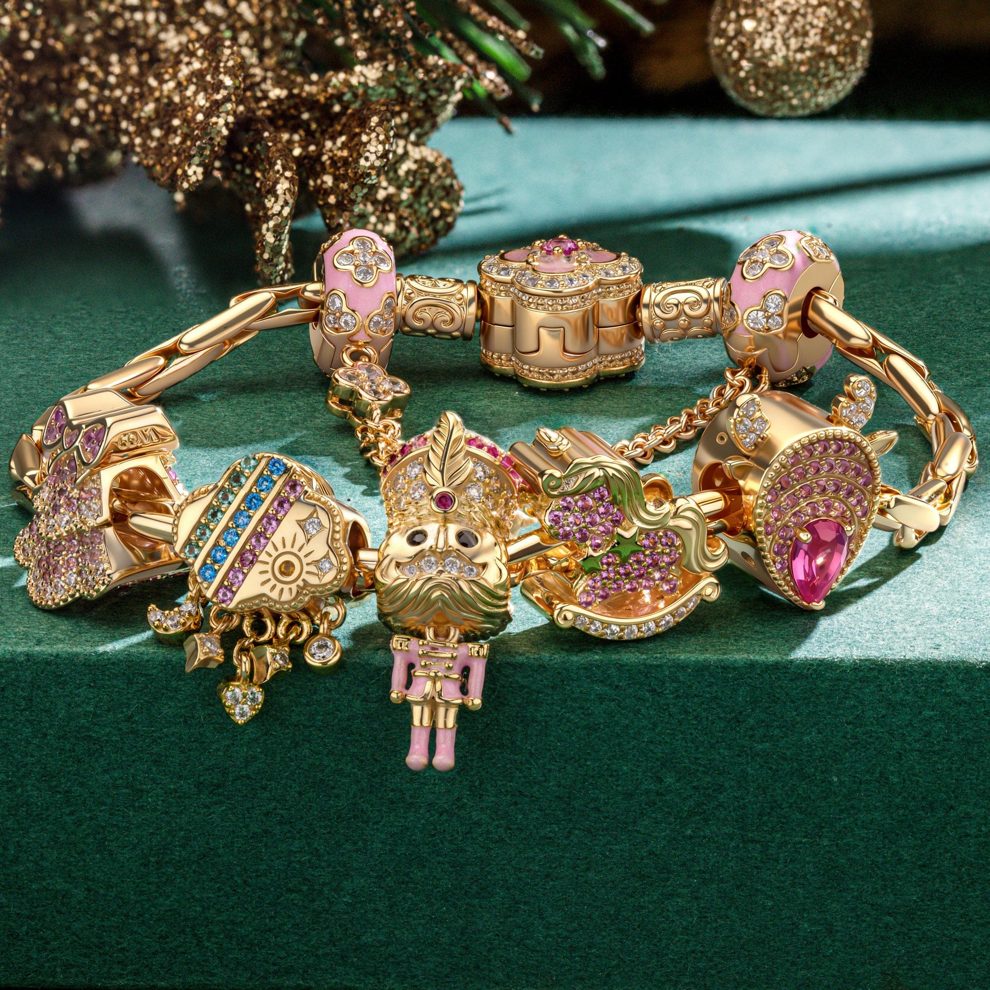 STERLING SILVER PINK WONDERLAND CHARMS BRACELET SET WITH ENAMEL IN 14K ...