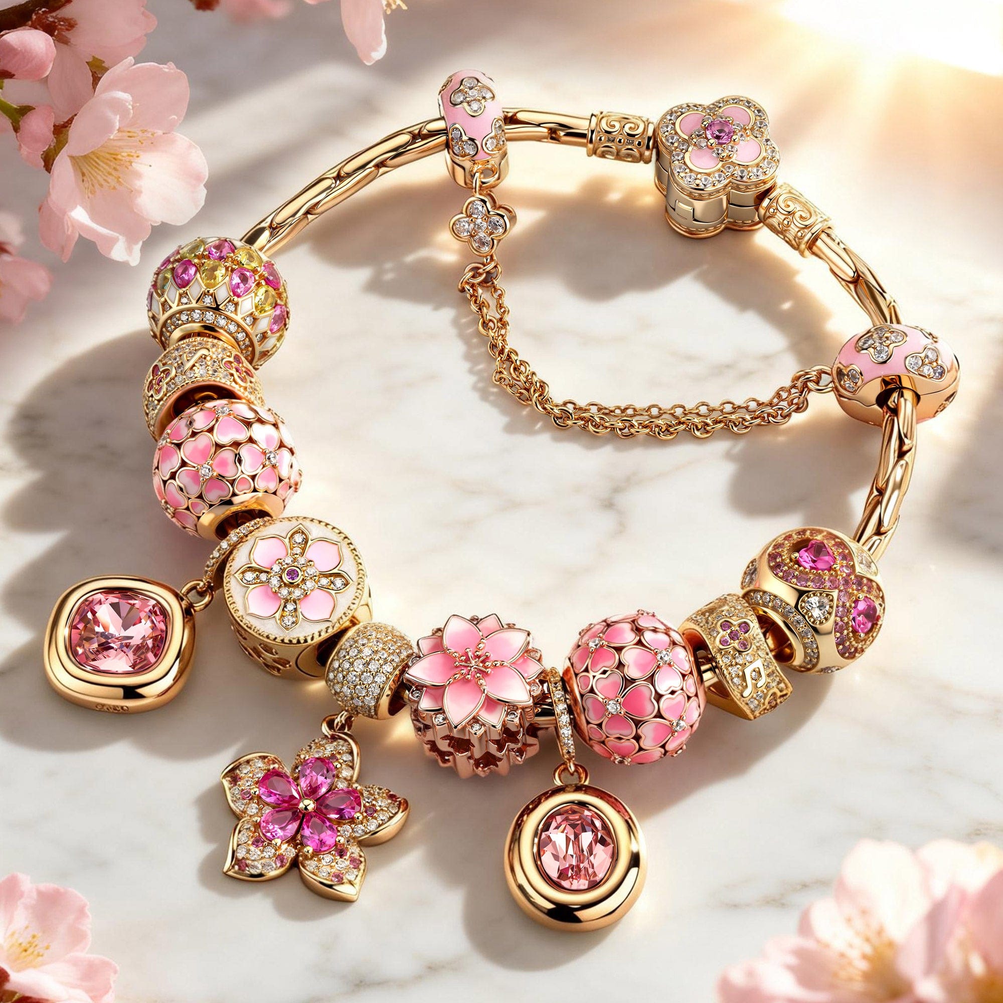 STERLING SILVER CHERRY BLOSSOM LOVE STORY CHARMS BRACELET SET IN 14K G ...