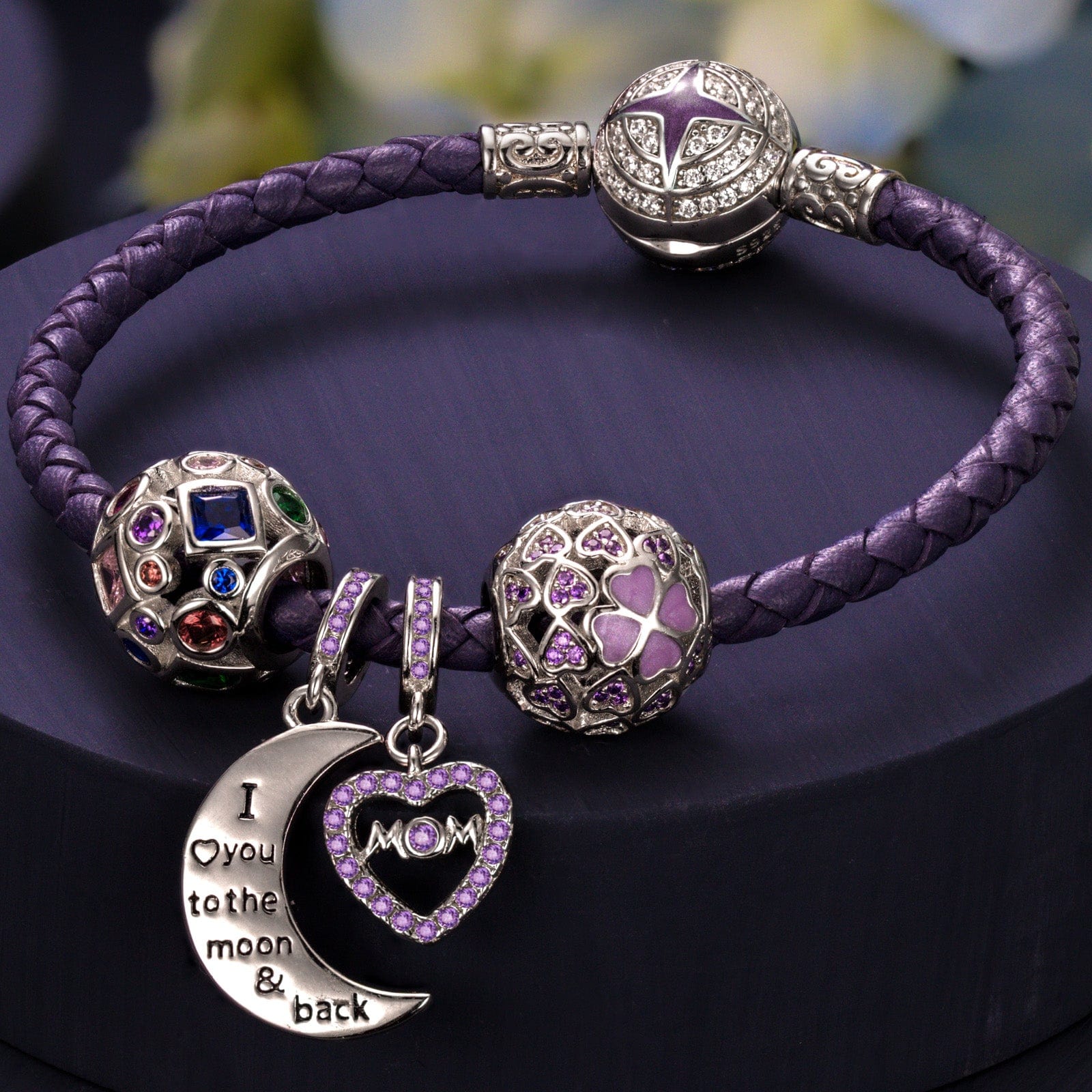 STERLING SILVER LOVE YOU TO THE MOON CHARMS BRACELET SET WITH ENAMEL I ...