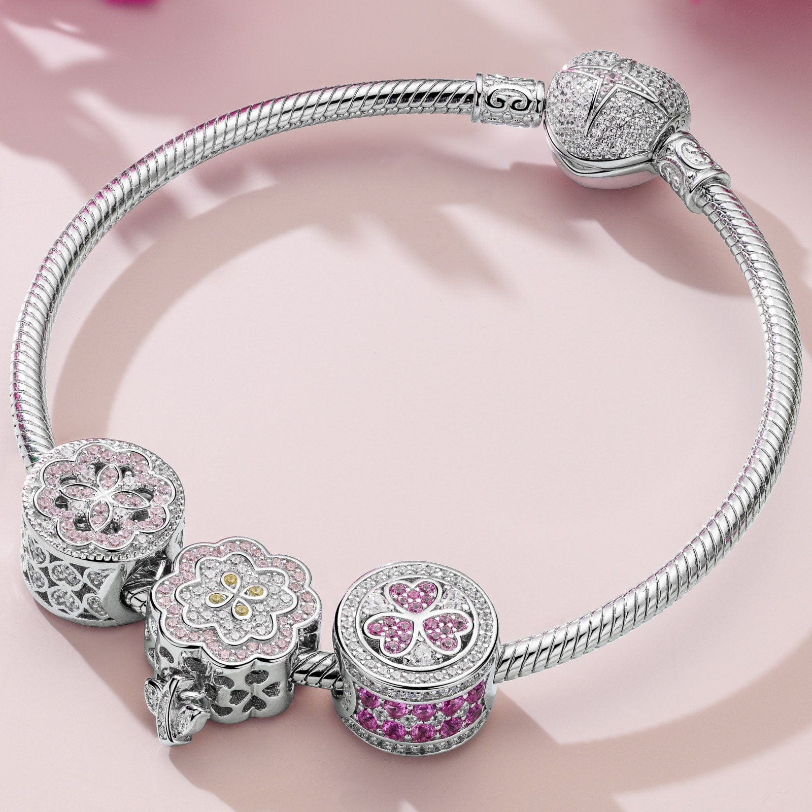 STERLING SILVER PINK FLOWERS CHARMS BRACELET SET WITH ENAMEL IN WHITE ...