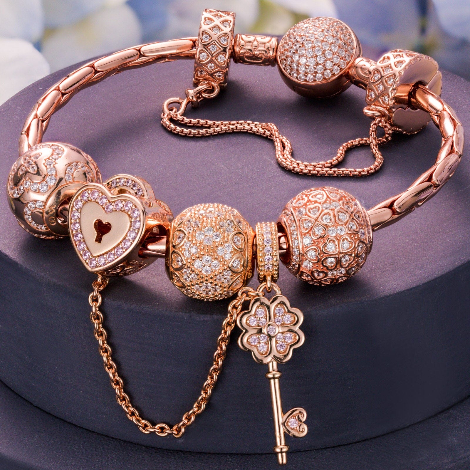 KEY TO LOVE TARNISH-RESISTANT SILVER CHARMS BRACELET SET IN ROSE GOLD ...