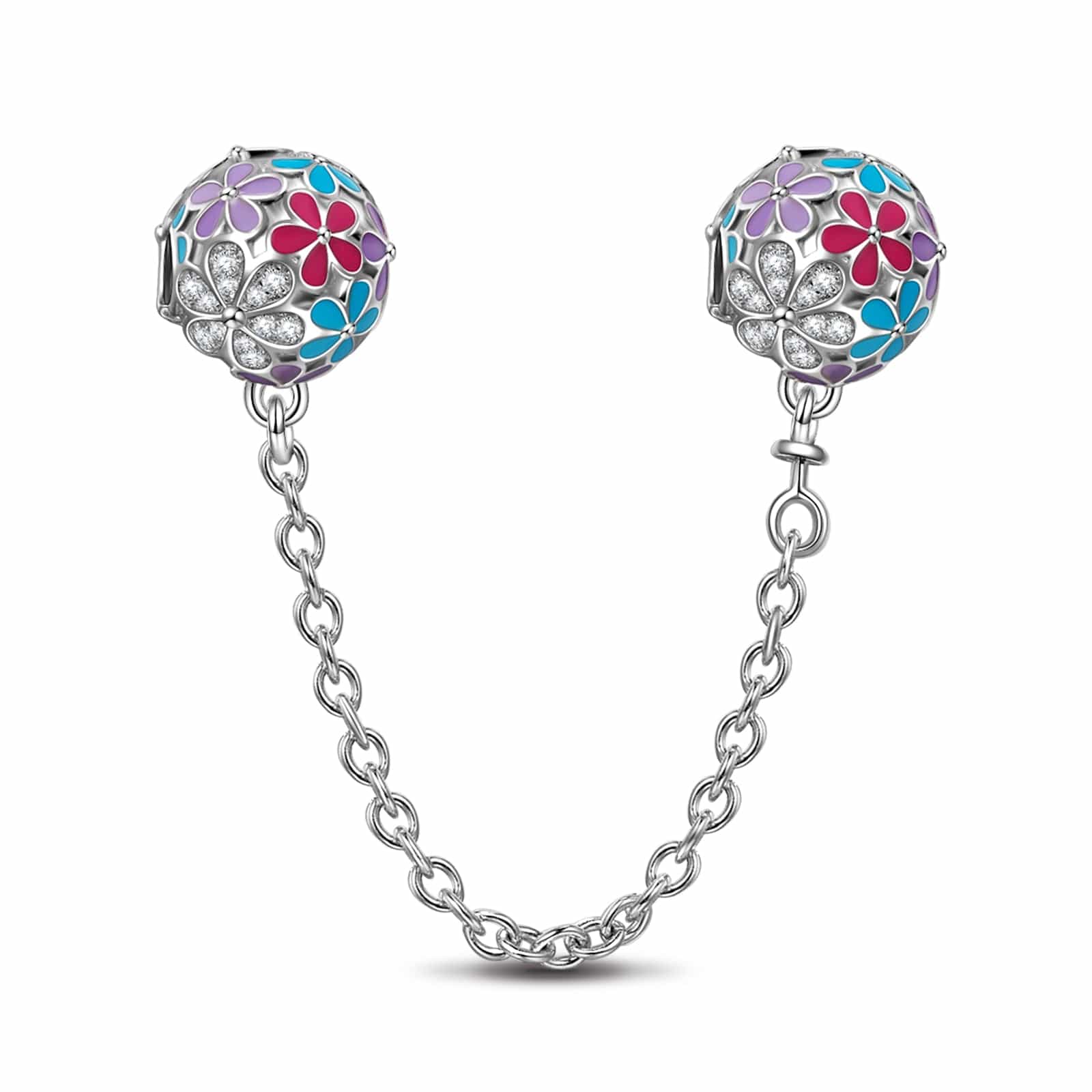 STERLING SILVER BLOSSOM SAFETY CHAIN CHARMS WITH ENAMEL IN WHITE GOLD ...