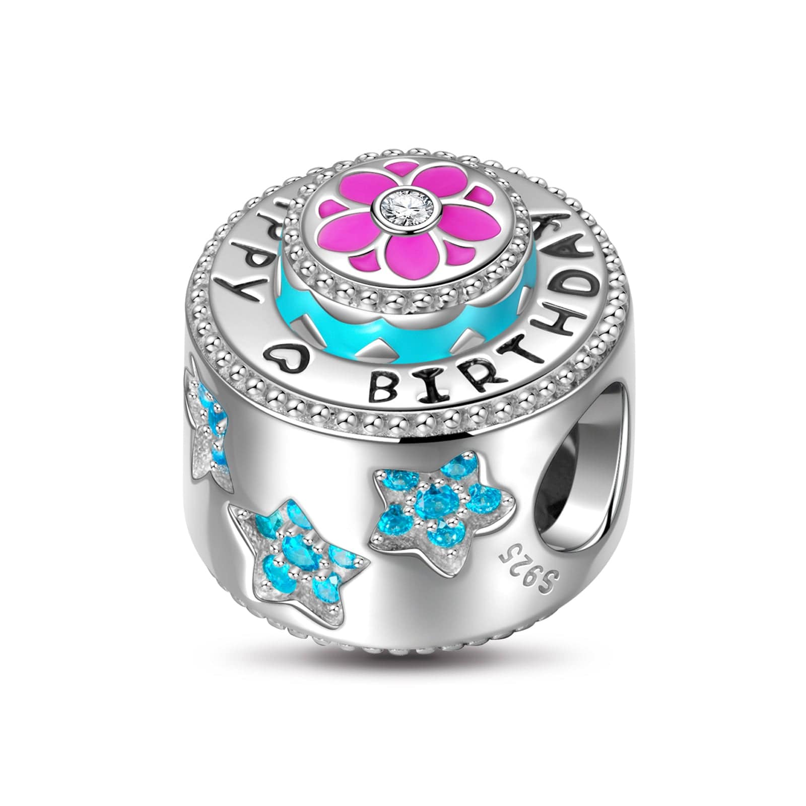 STERLING SILVER HAPPY BIRTHDAY CHARMS WITH ENAMEL IN WHITE GOLD PLATED ...